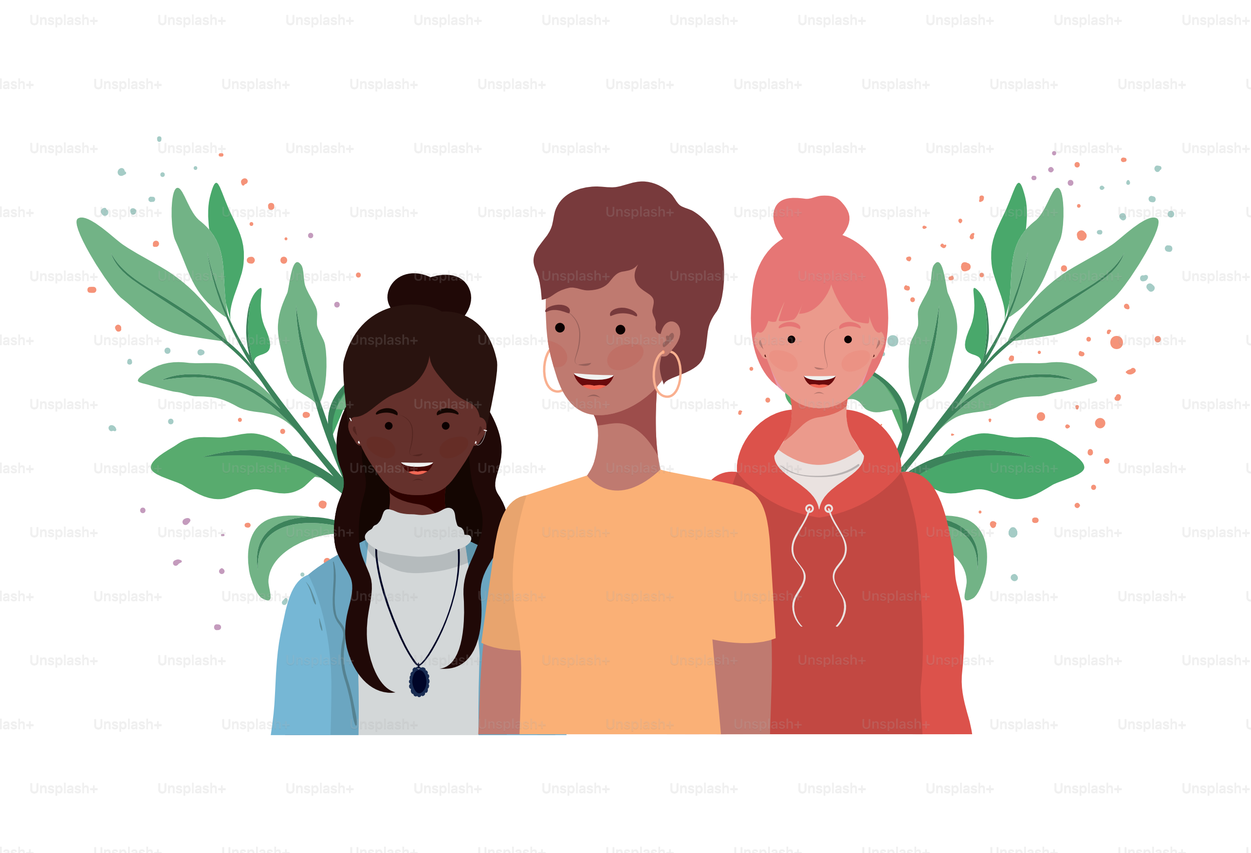 Young women with branches and leaves background vector illustration ...