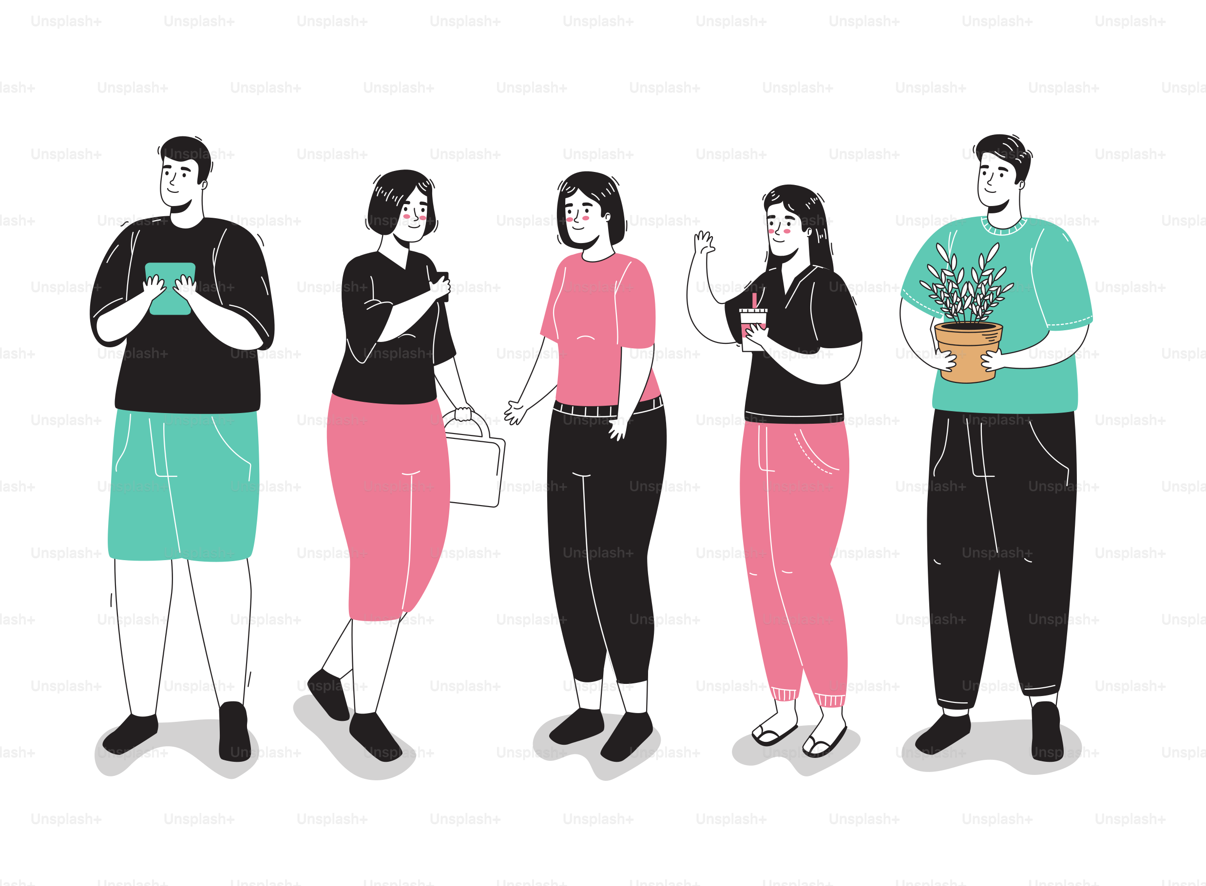 Group of five persons doing activities characters vector illustration ...