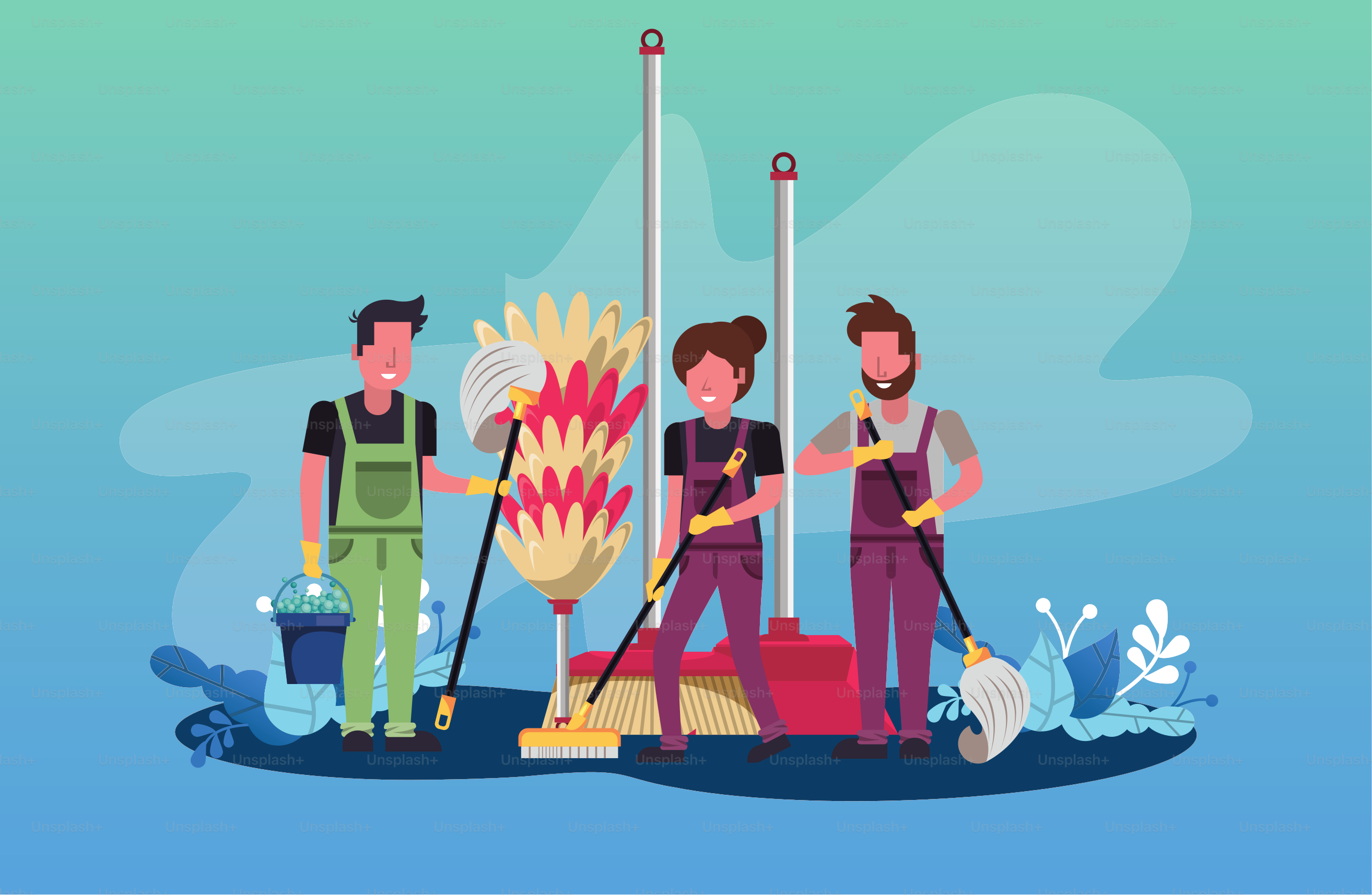 People working with housekeeping tools disinfect your house vector ...