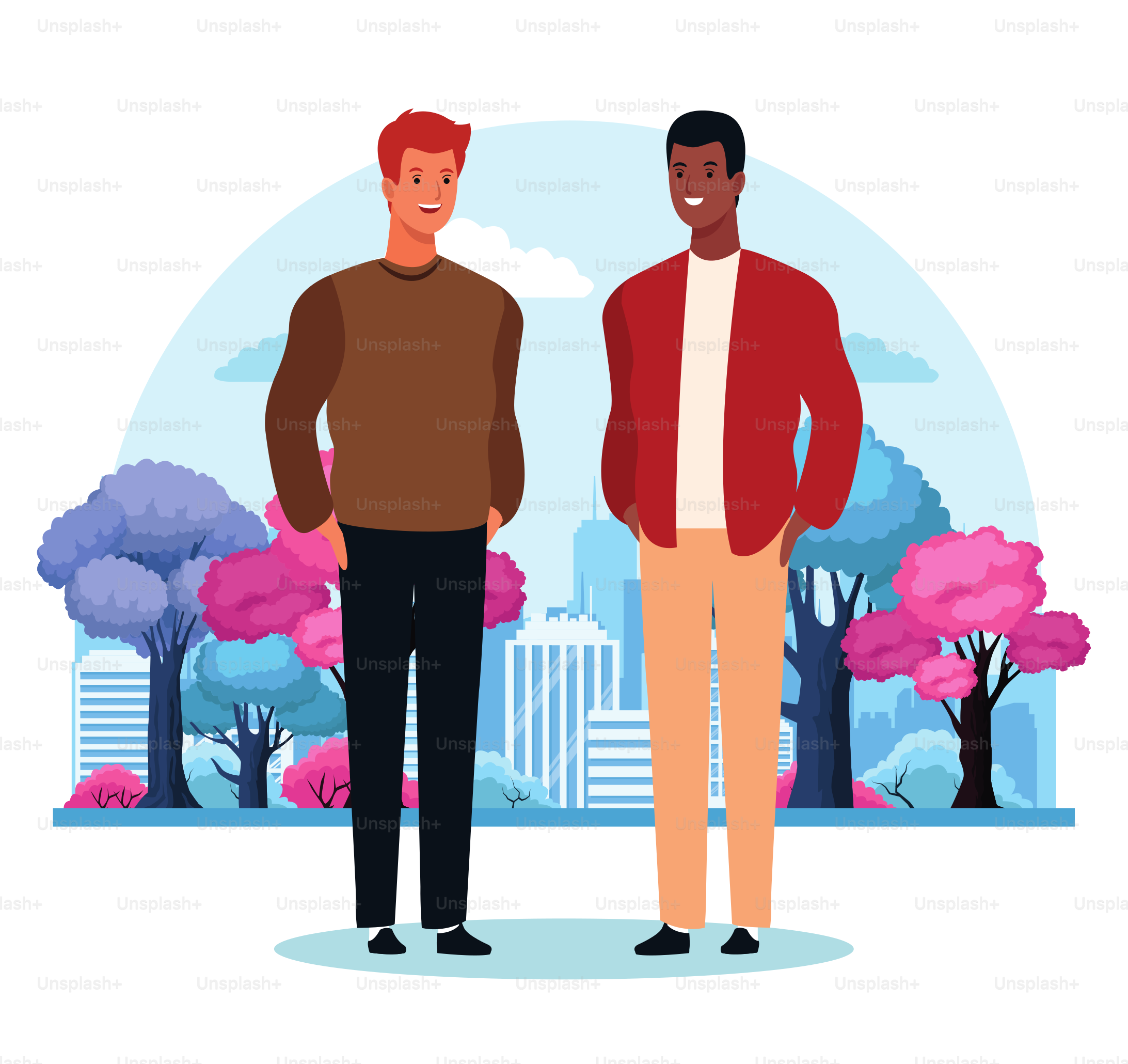 Cartoon men standing over colorful trees and white background. vector ...