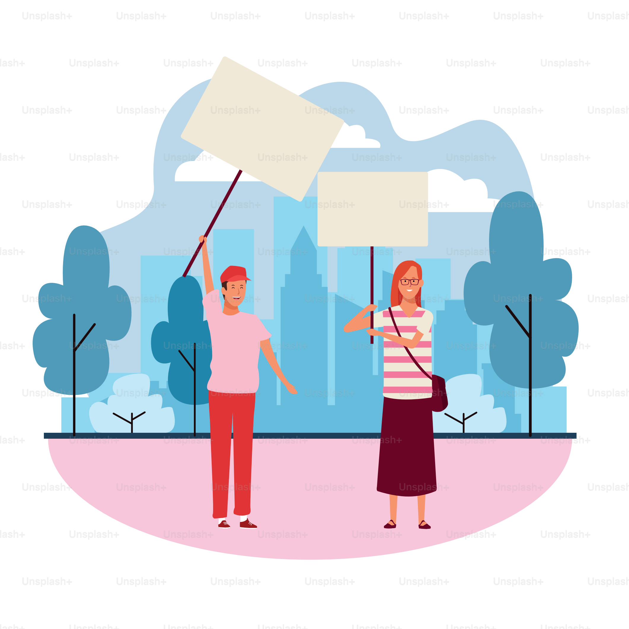 Cartoon man and woman protesting with blank posters in the park over ...