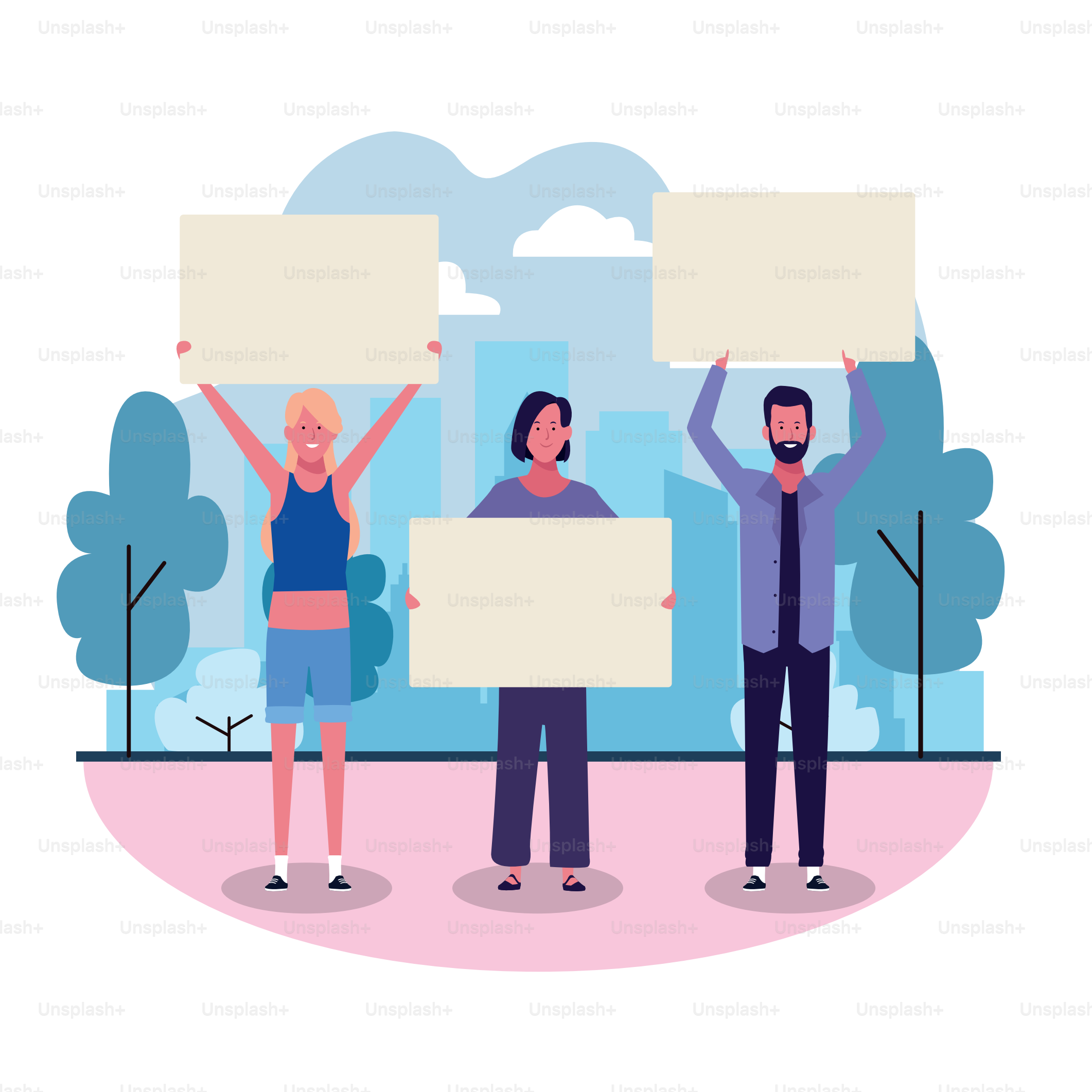 Cartoon young people protesting with blank posters in the park over ...