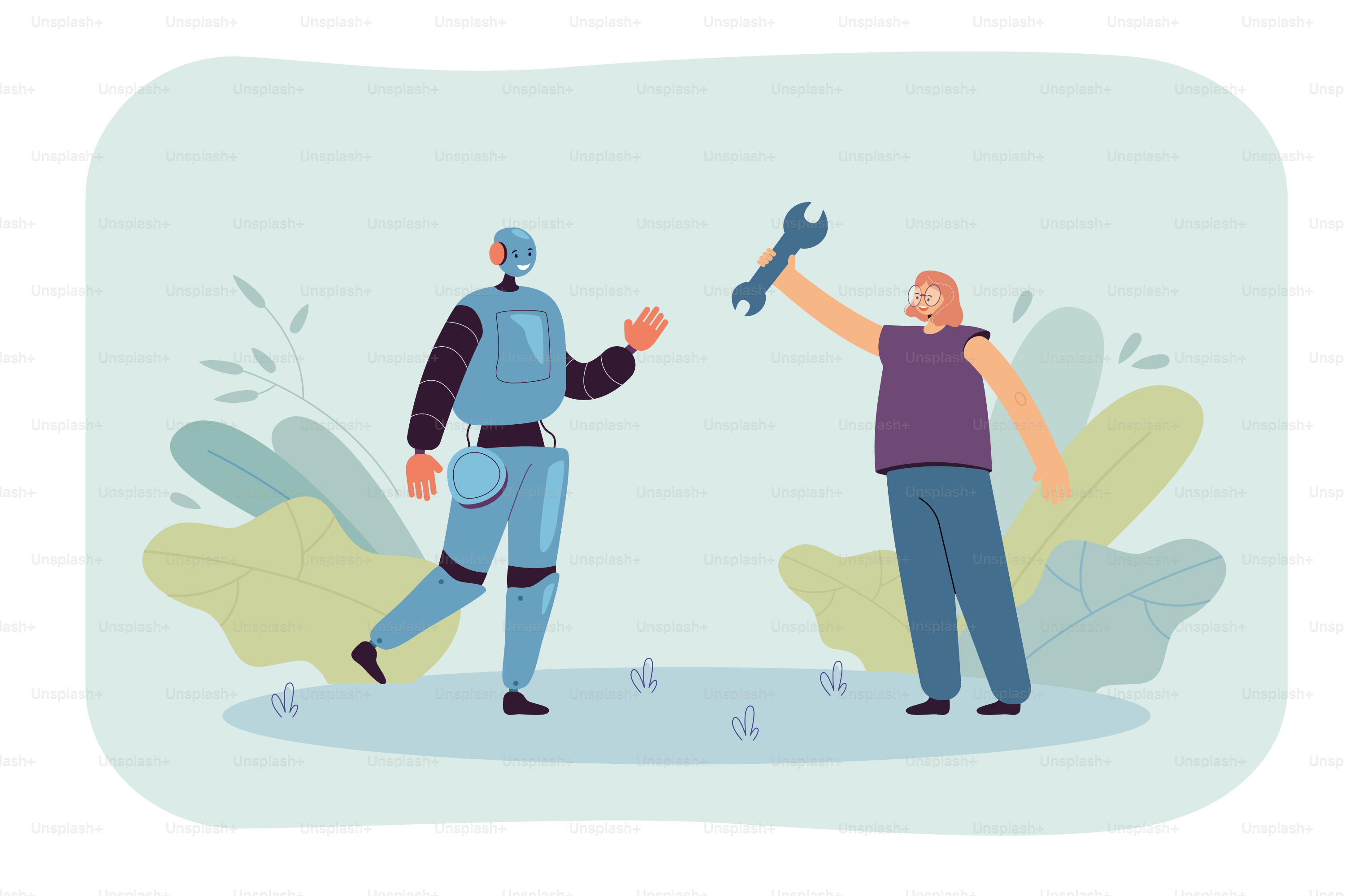 Ingeniera o mecánica con llave inglesa haciendo robot amigable ...