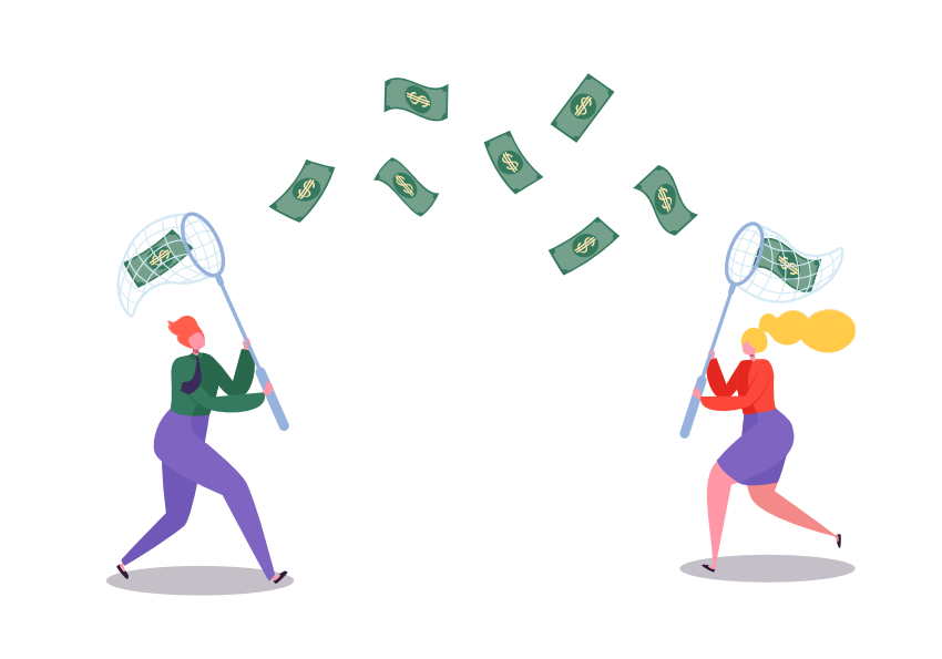 Business Characters Catching Flying Money with a Butterfly Net ...