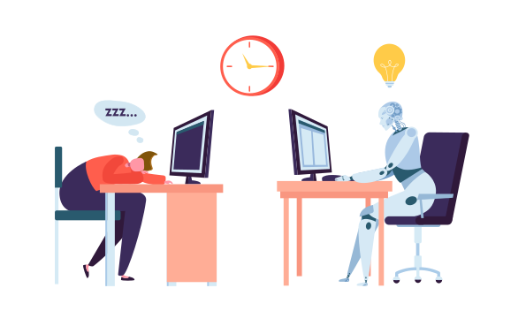 Robot Work while Businessman Sleeps. Human and Droid Competition at ...