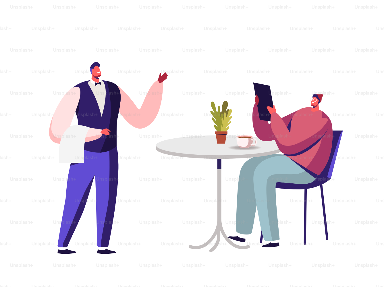 Young Man Ordering Food with Menu and Relaxing in Cafe. Waiter Take ...