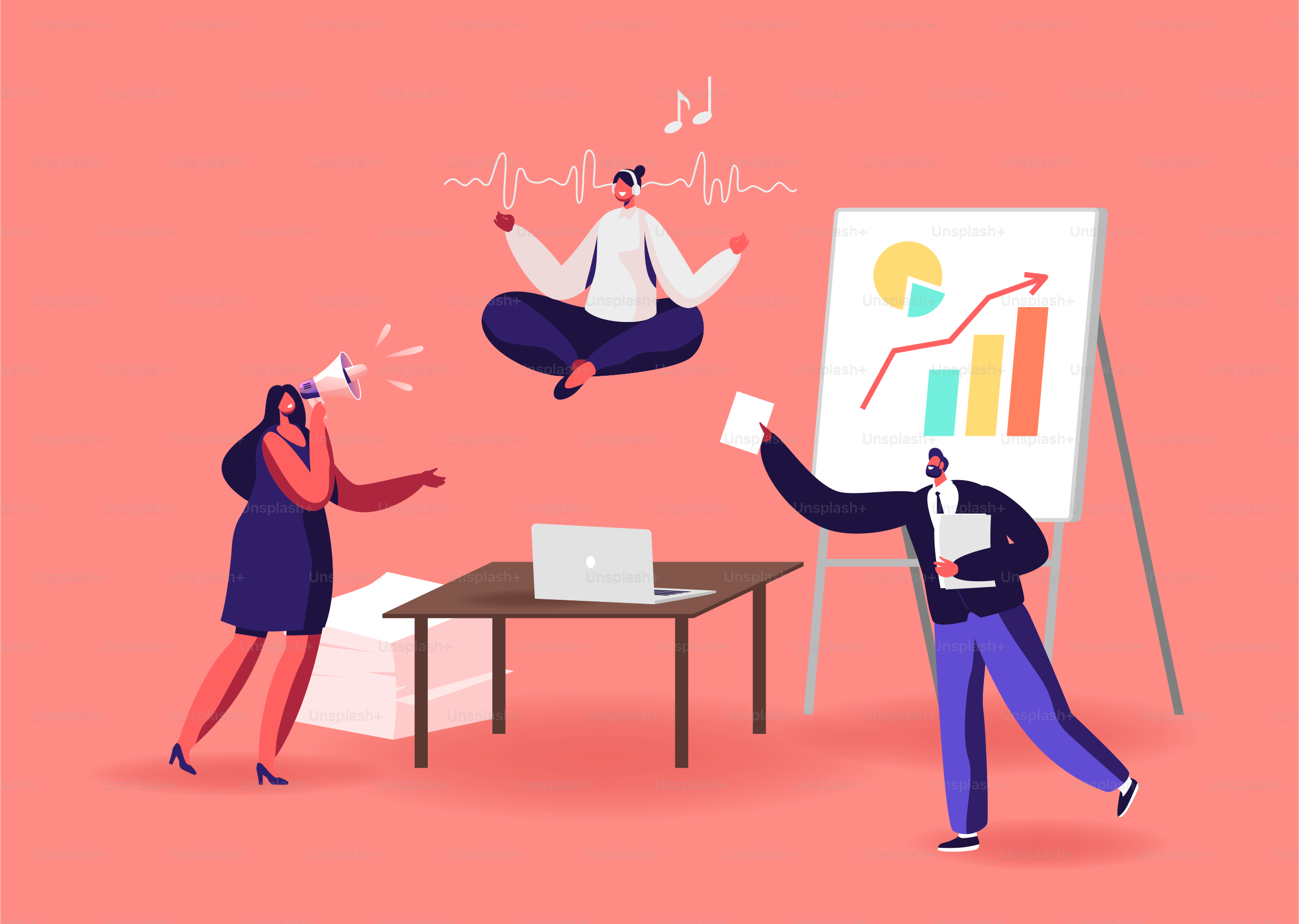 Worker Relaxation, Businesswoman Character Doing Yoga Meditation in ...