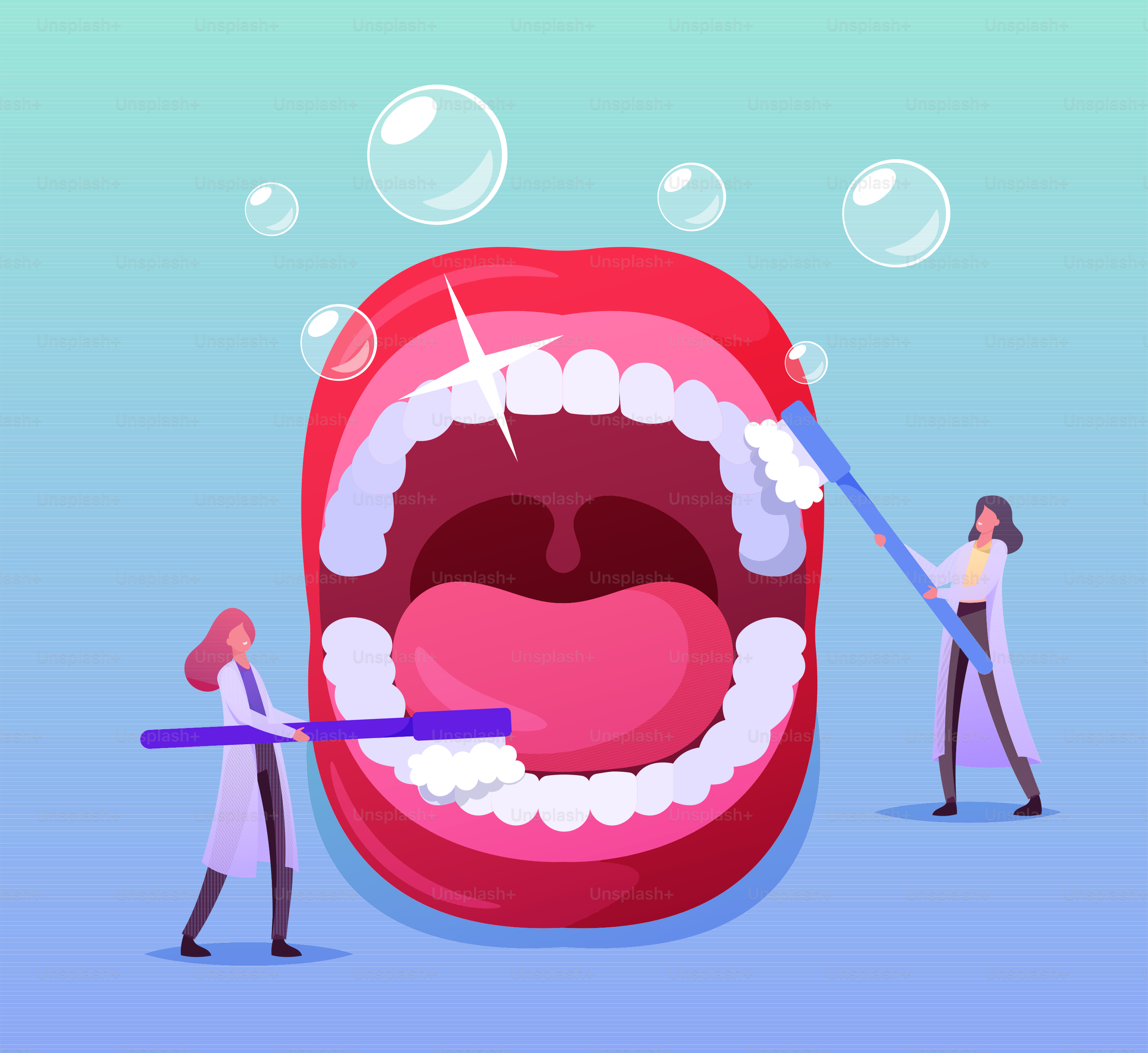 Tiny Dentist Doctor Characters Care of Huge Teeth in Open Mouth with ...
