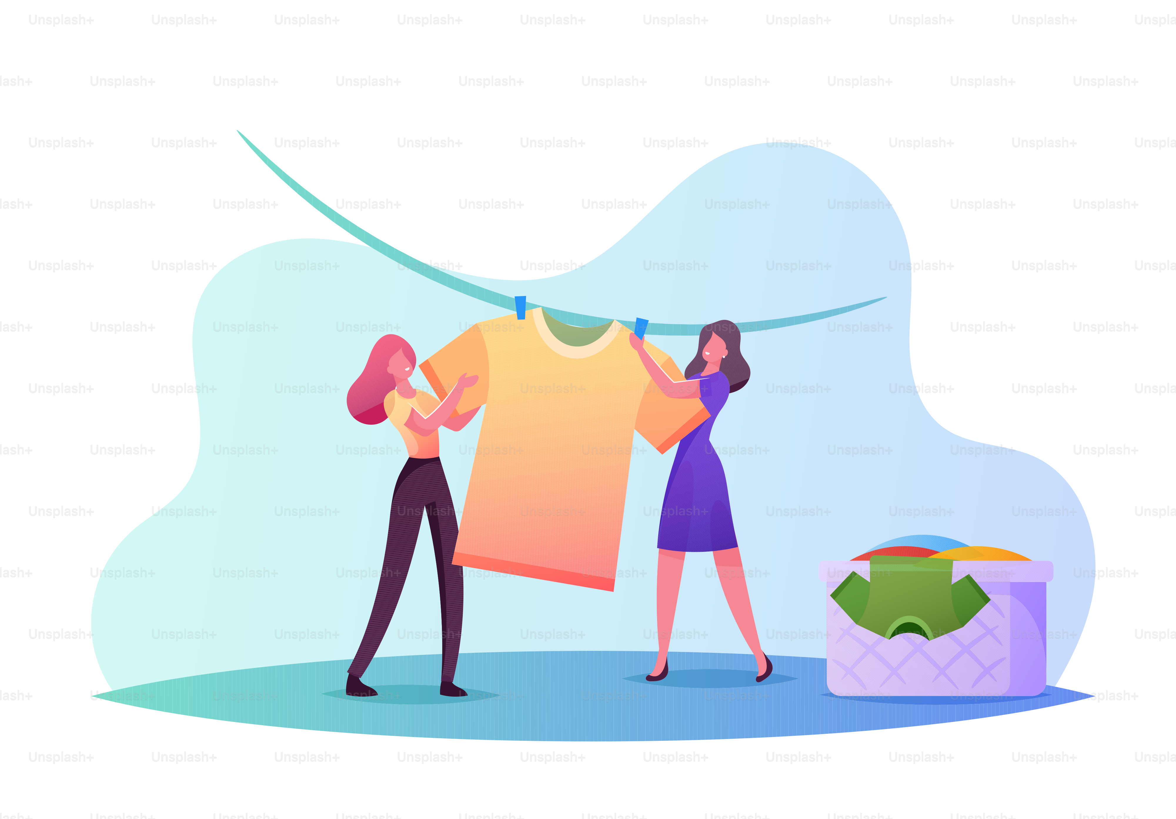 Tiny Female Characters Drying Wet Clothes.Young Women Hanging Clean Wet ...