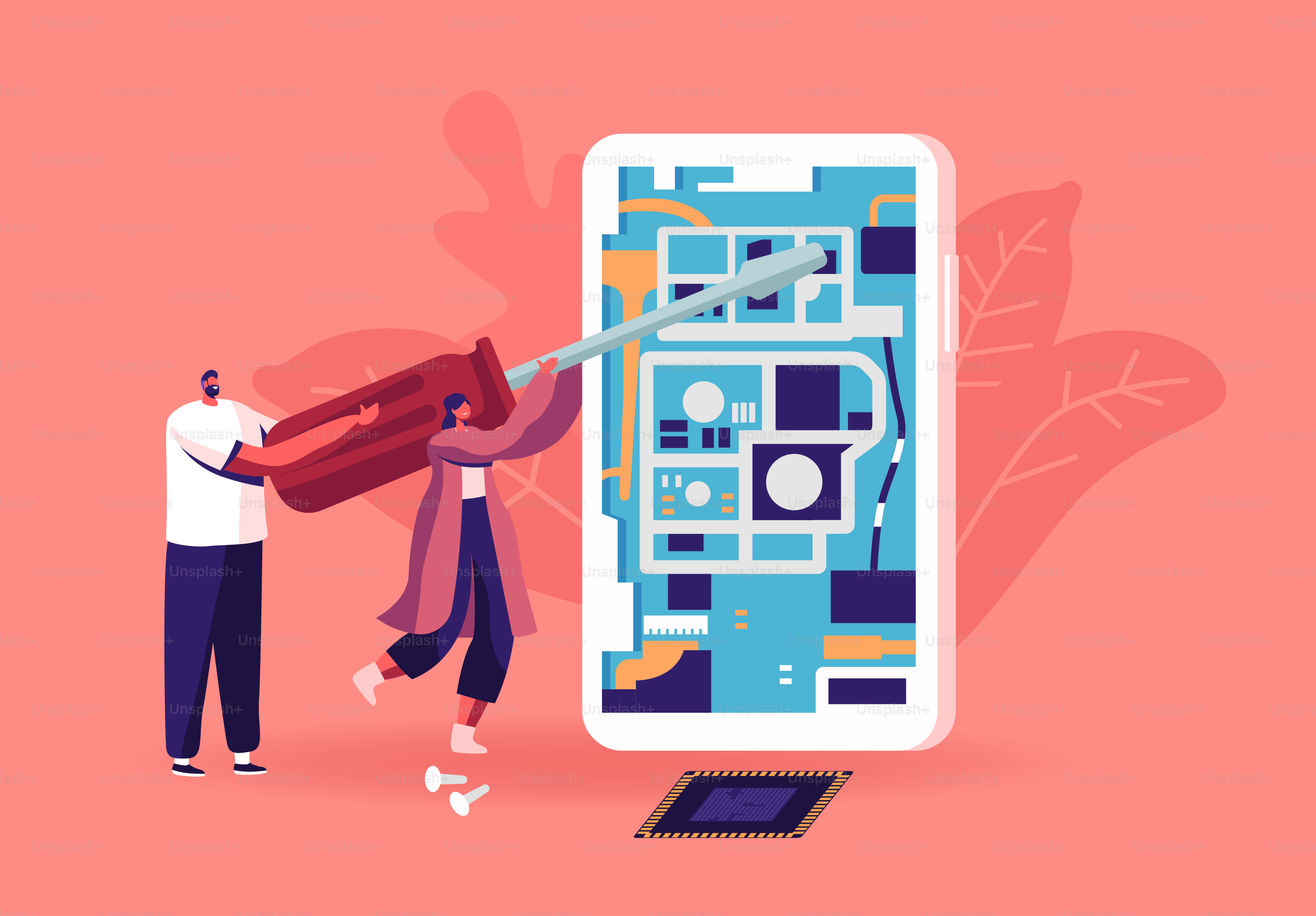 Tiny Male and Female Characters with Huge Screwdriver Fixing or ...