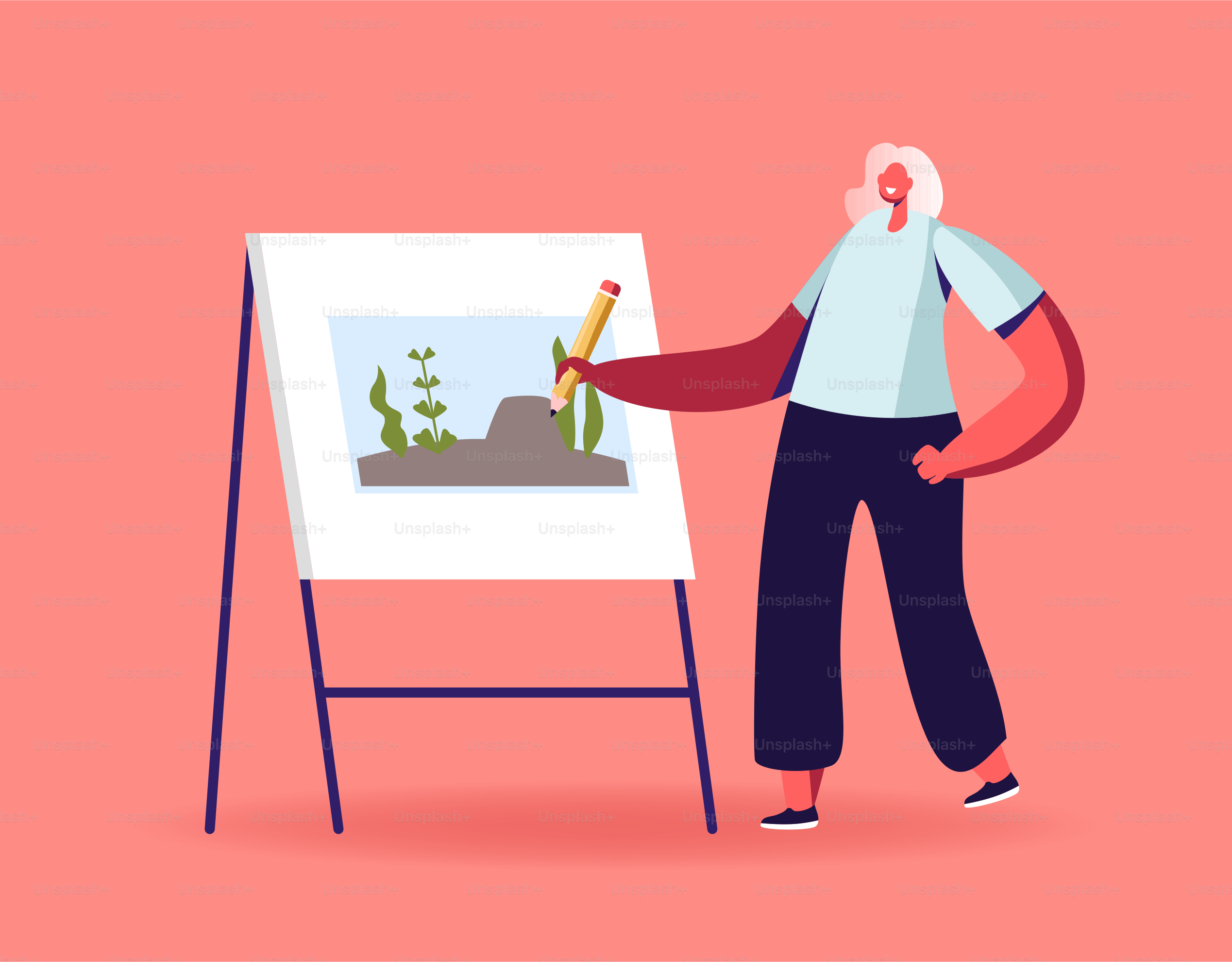 Artiste talentueuse Personnage féminin avec crayon Stand devant ...