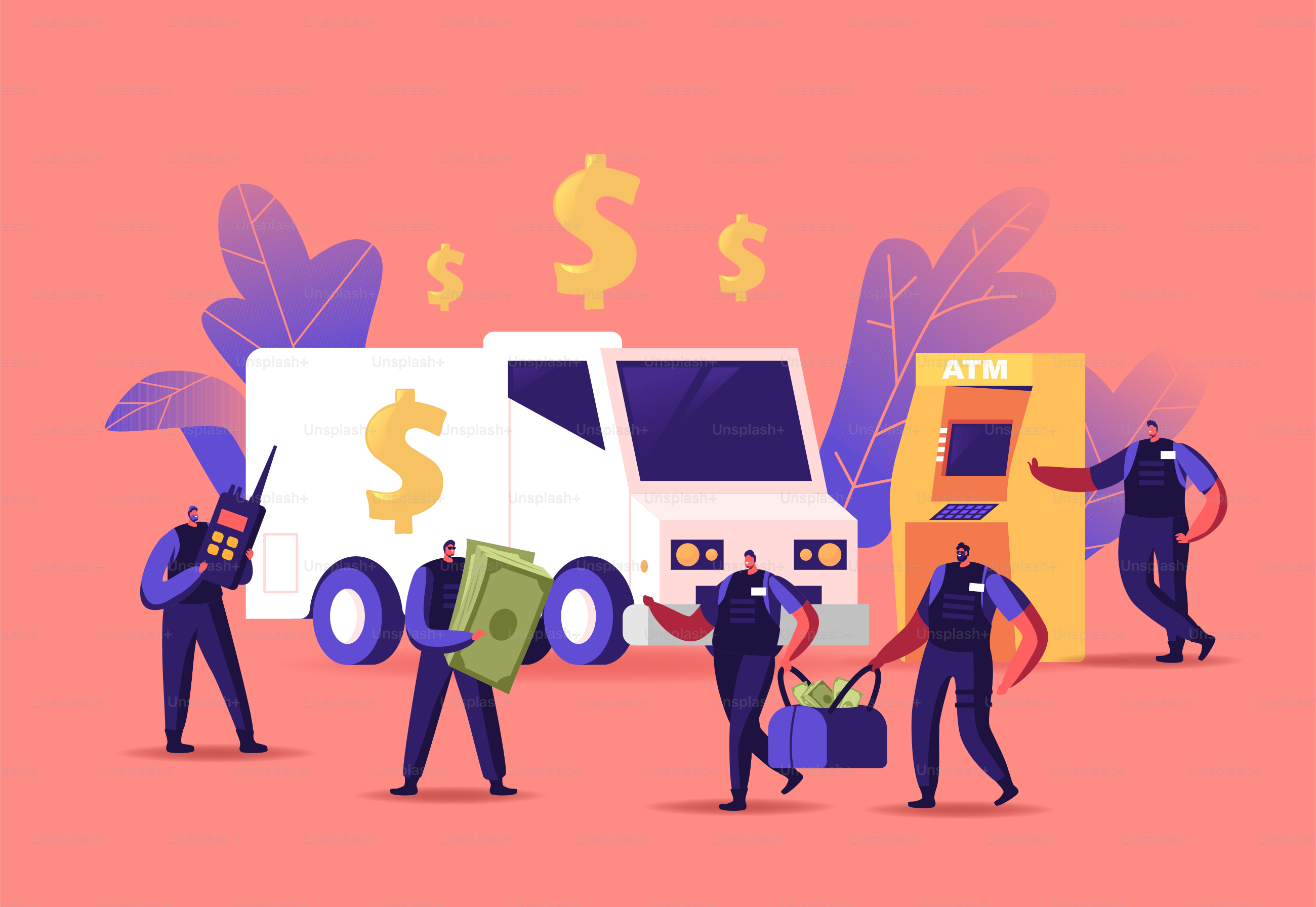 Armed Cash-in-transit Guard Characters Collectors Carry Bags from ATM ...