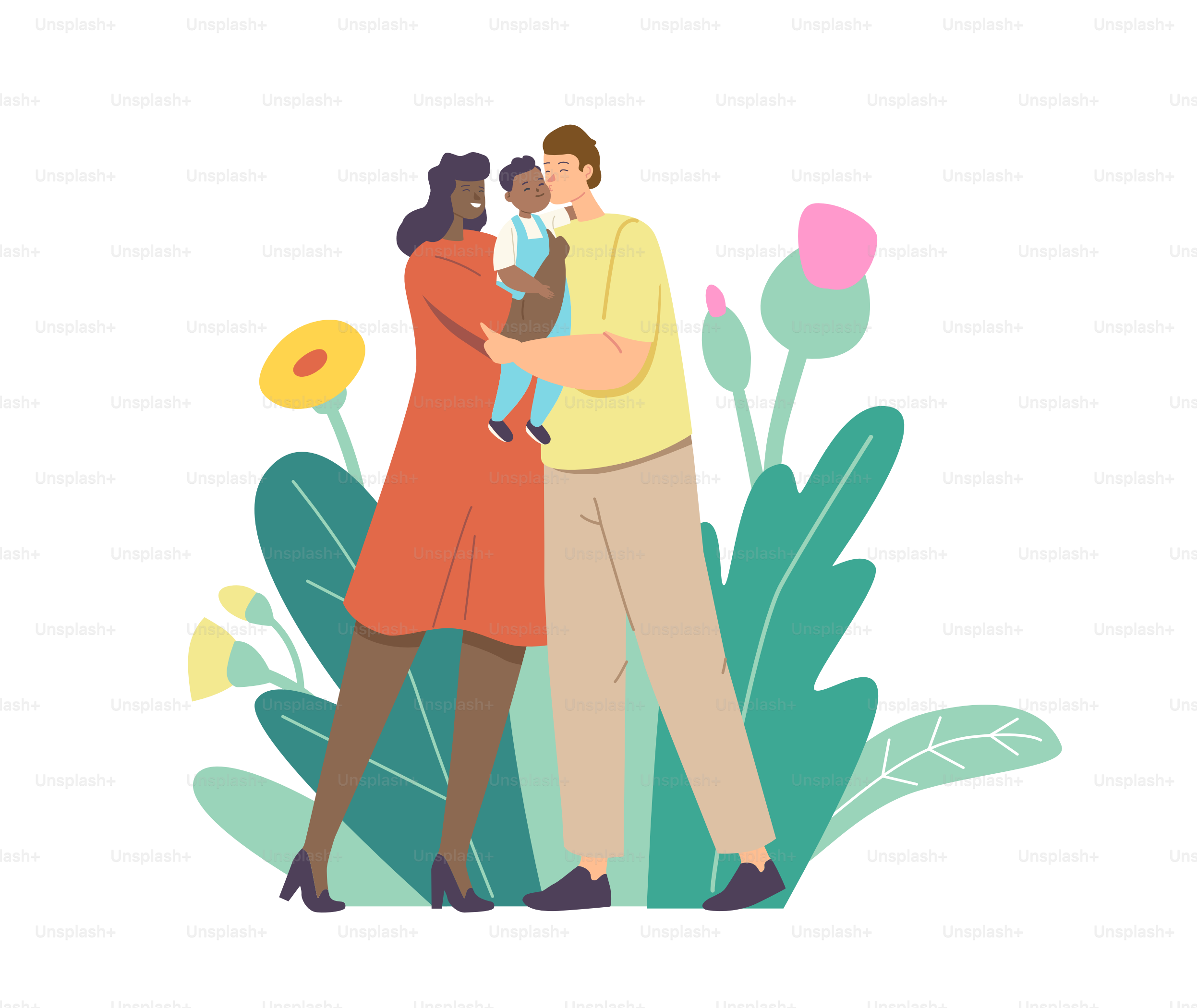 Padres amorosos multirraciales besan al bebé. Madre y padre Personajes ...