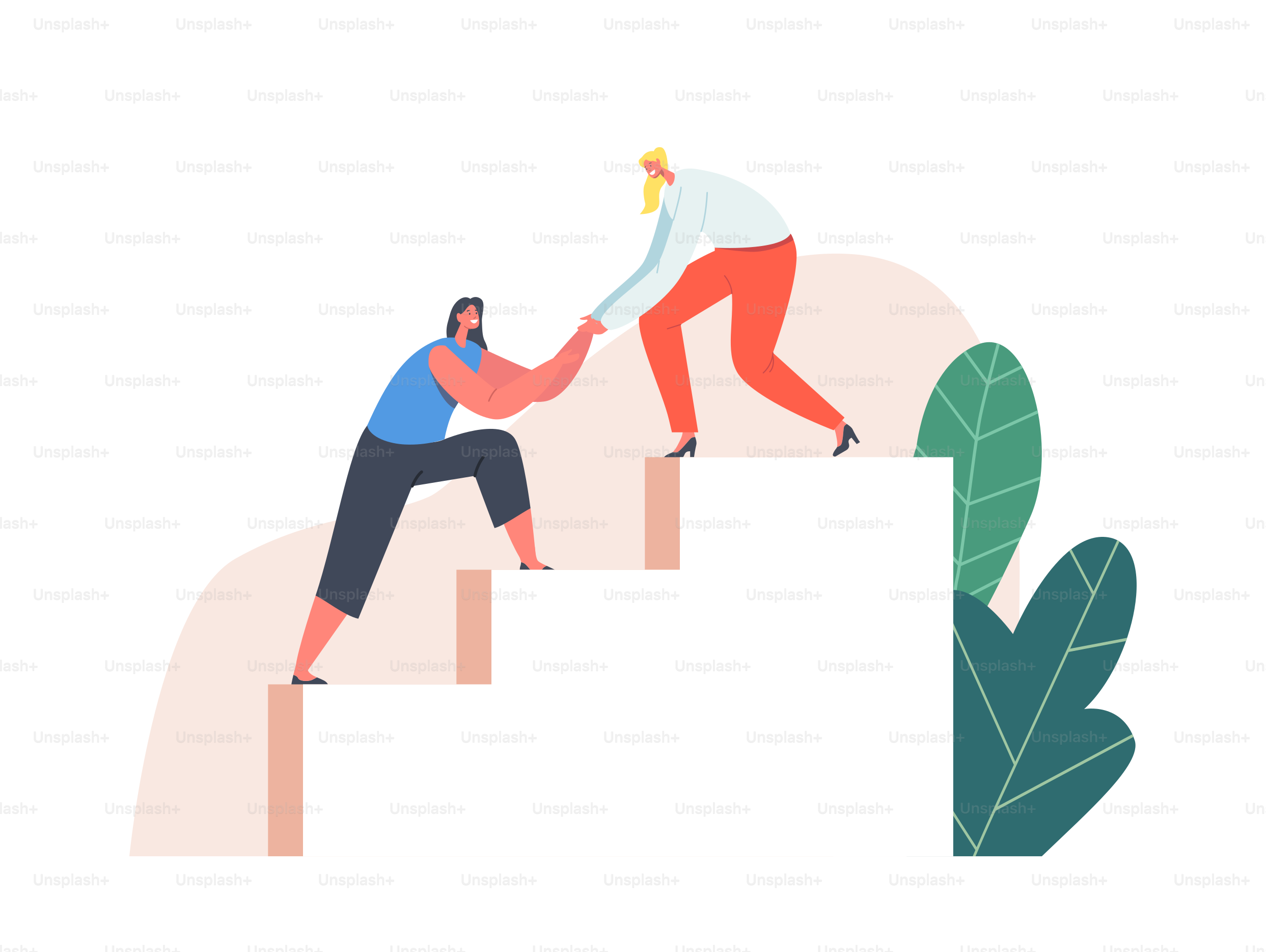 Woman Giving Support to Girl Friend Pull her on Top of Ladder ...