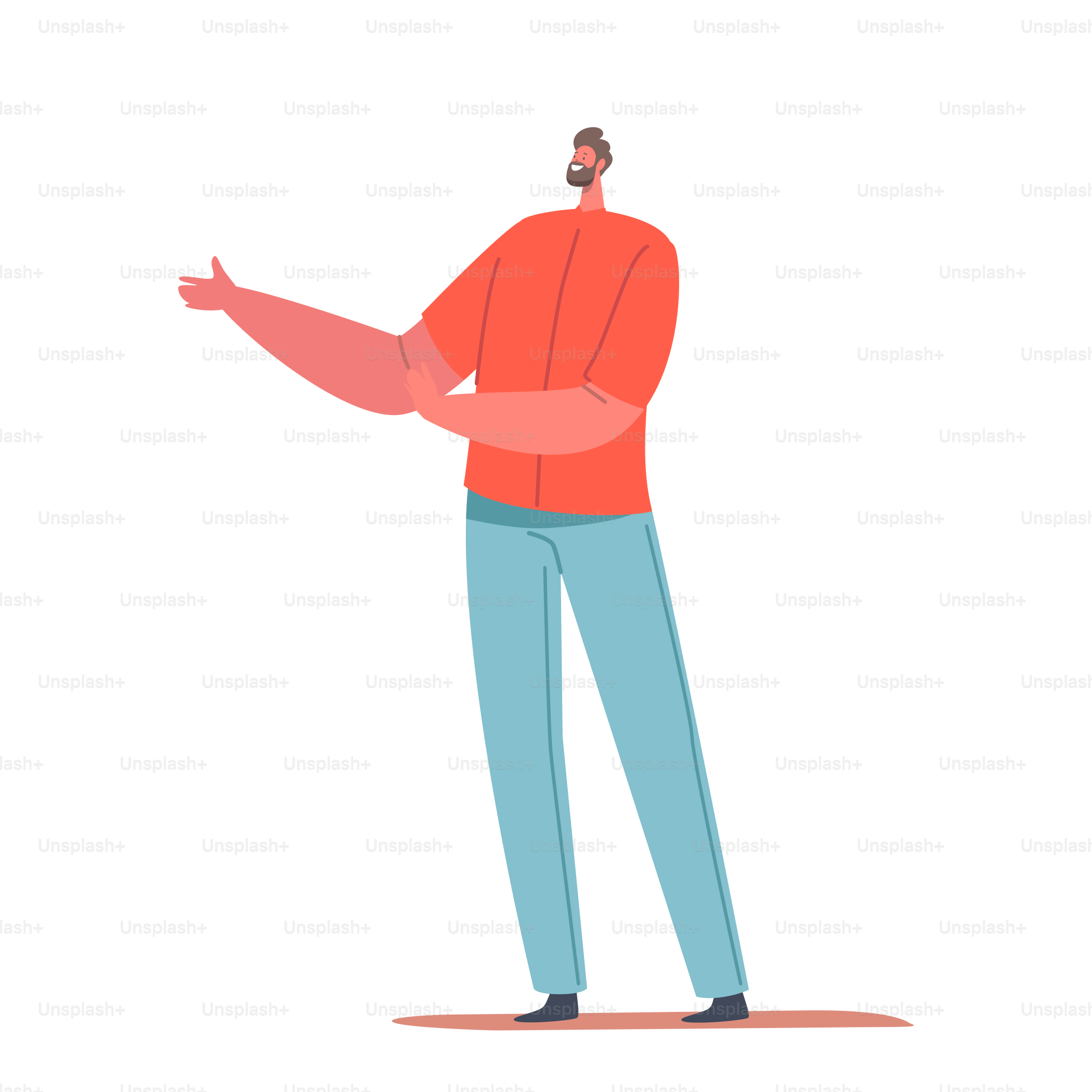 Personaje masculino con camisa roja y jeans aislados sobre fondo blanco ...