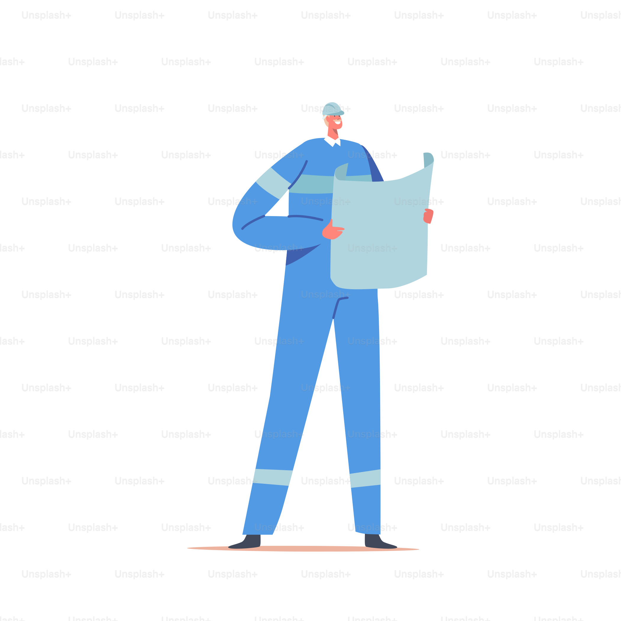 Builder, Engineer or Foreman Character with Blueprint. Architect with ...