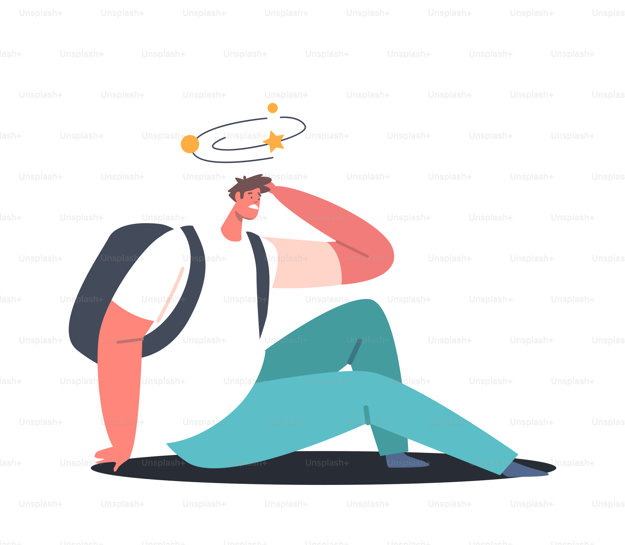 Male Character Sitting on Ground with Dizzy Head Isolated on White ...