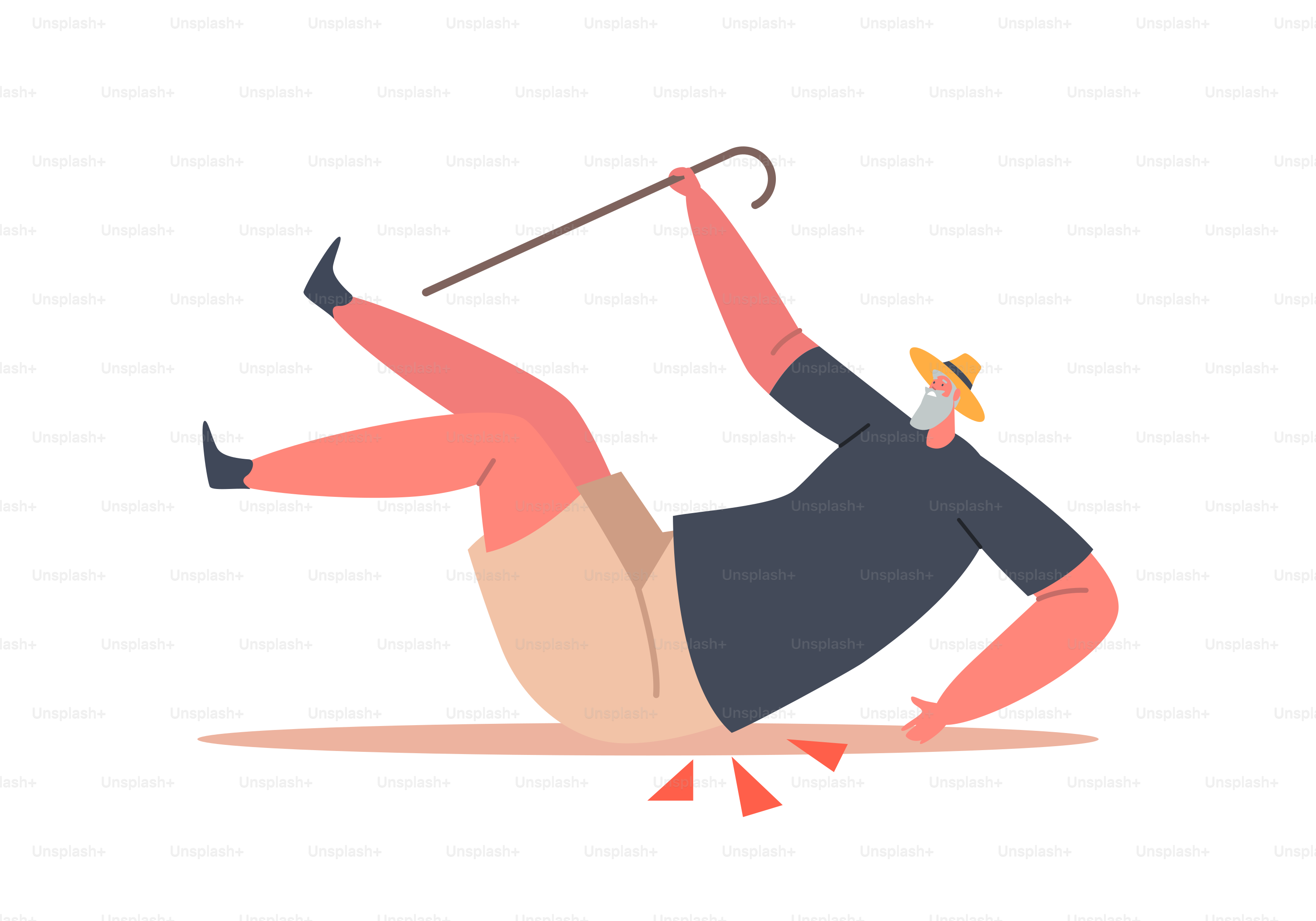 Careless Senior Man Fall with Cane, Old Male Character Falling Down on ...