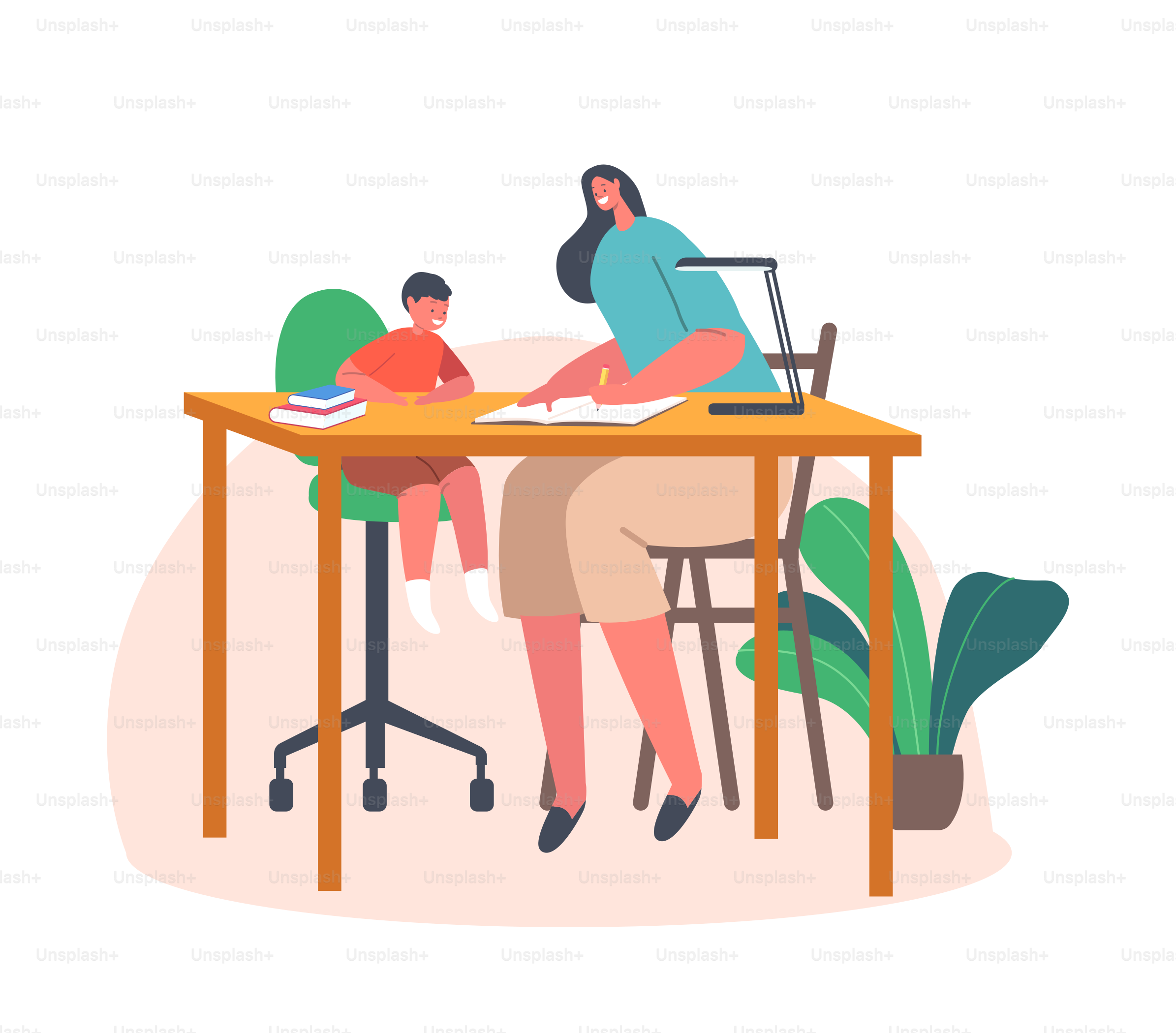 Happy Family Characters Learning Lesson Together, Mom Prepare Little ...