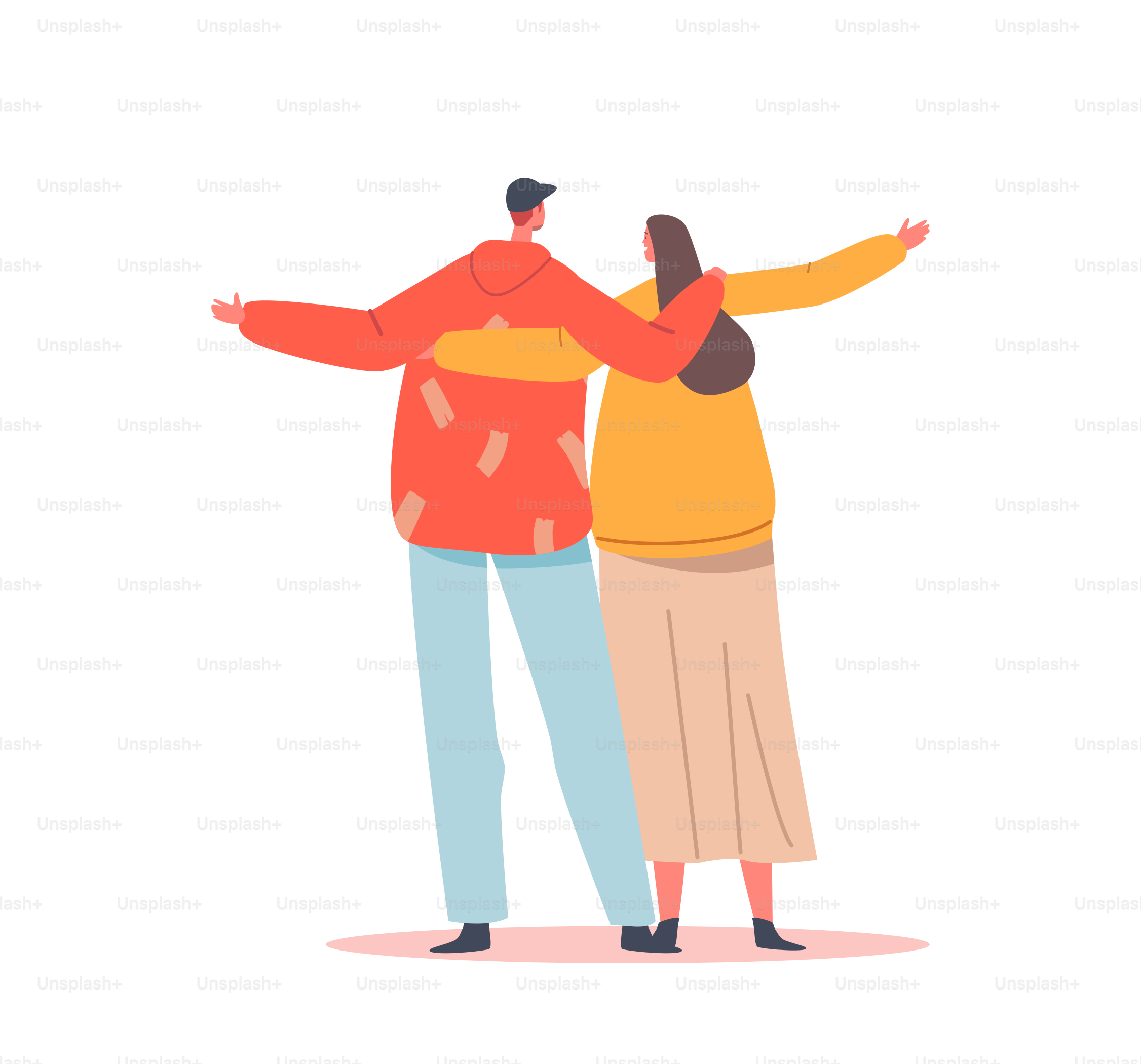 Male and Female Characters Hug Rear View. Love, Friendship, Connection ...