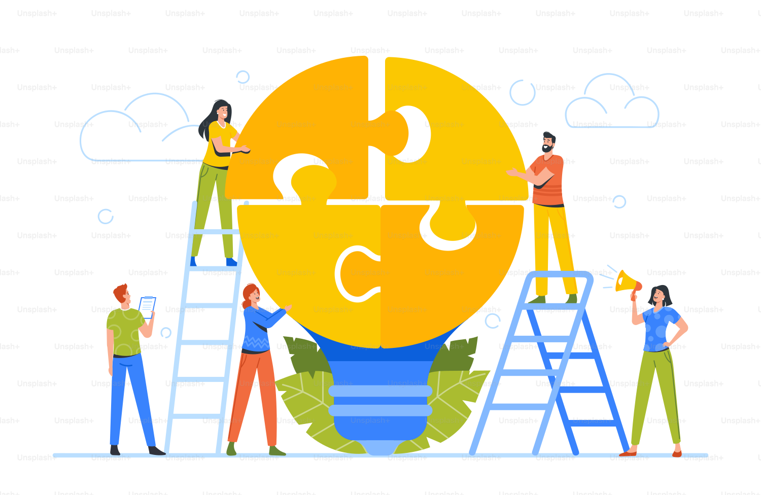 Businesspeople Teamwork, Office Employees Group Stand on Ladder Collect ...