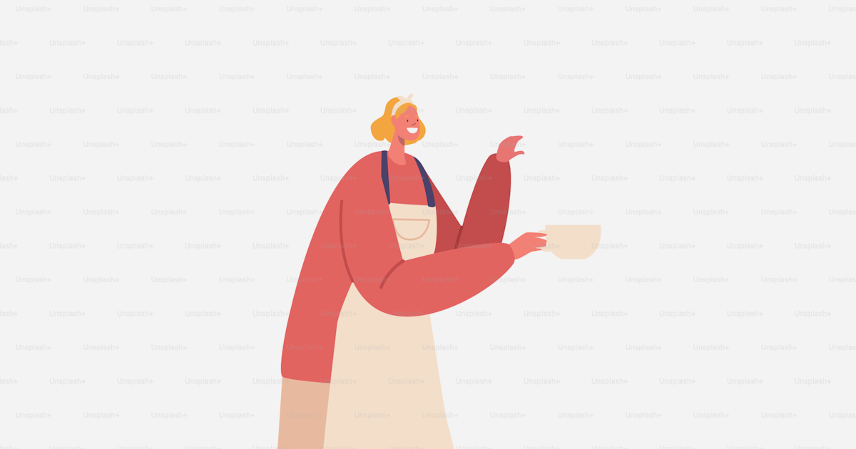 여자 바리스타가 커피를 끓인다 웨이트리스가 커피숍에서 뜨거운 음료를 컵에 붓고 있다 바텐더 작업 캐릭터 착용 앞치마 작업은 카페에서 신선한 향기로운 음료를 요리합니다