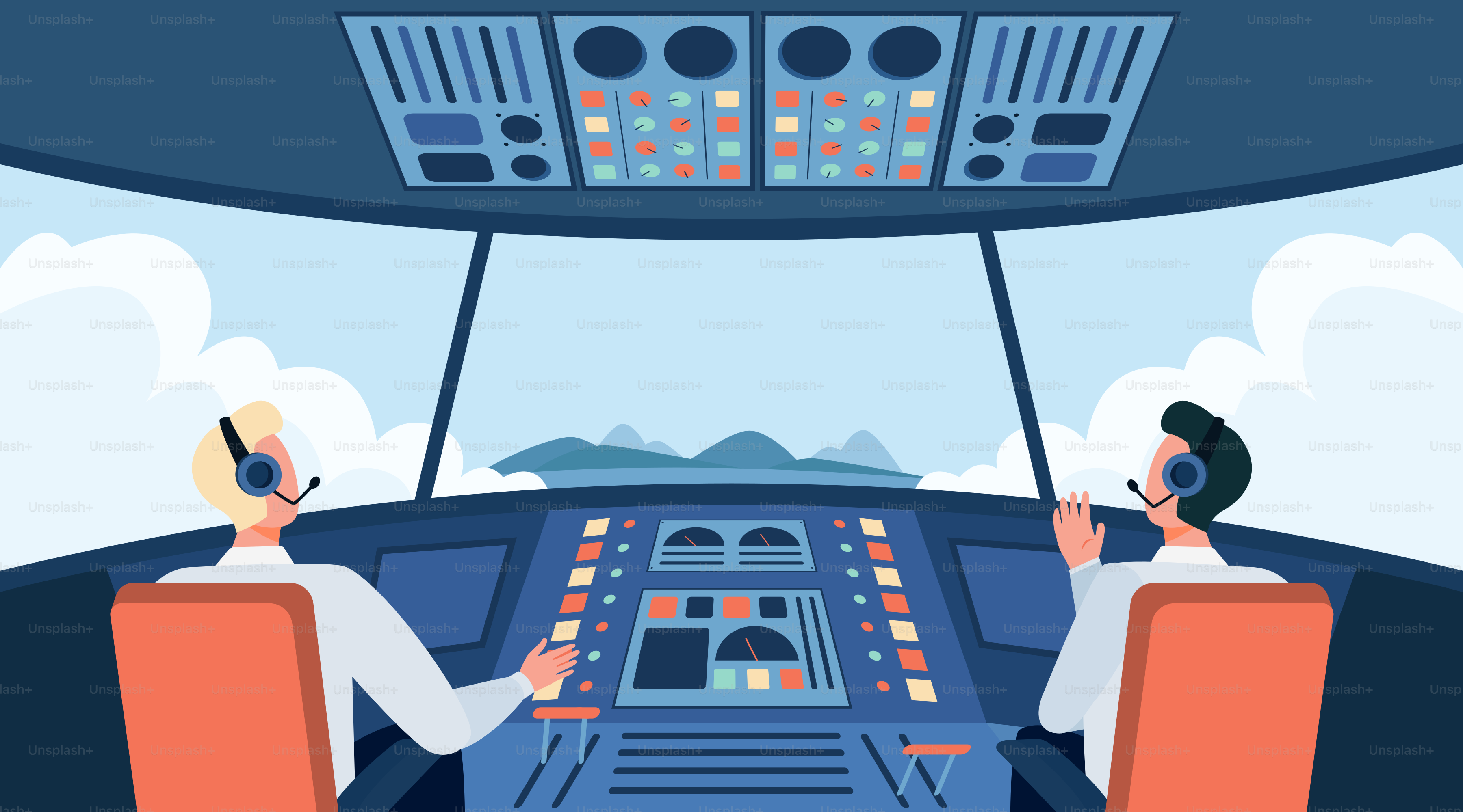Colorful airplane cockpit isolated flat vector illustration. Two ...