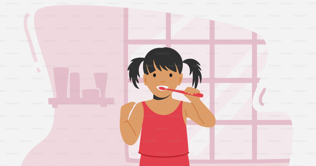 어린 소녀 캐릭터가 화장실에서 양치질을 하고 있다 어린이 목욕 칫솔 아침 또는 저녁 매일 아이 치과 건강 관리 위생 및