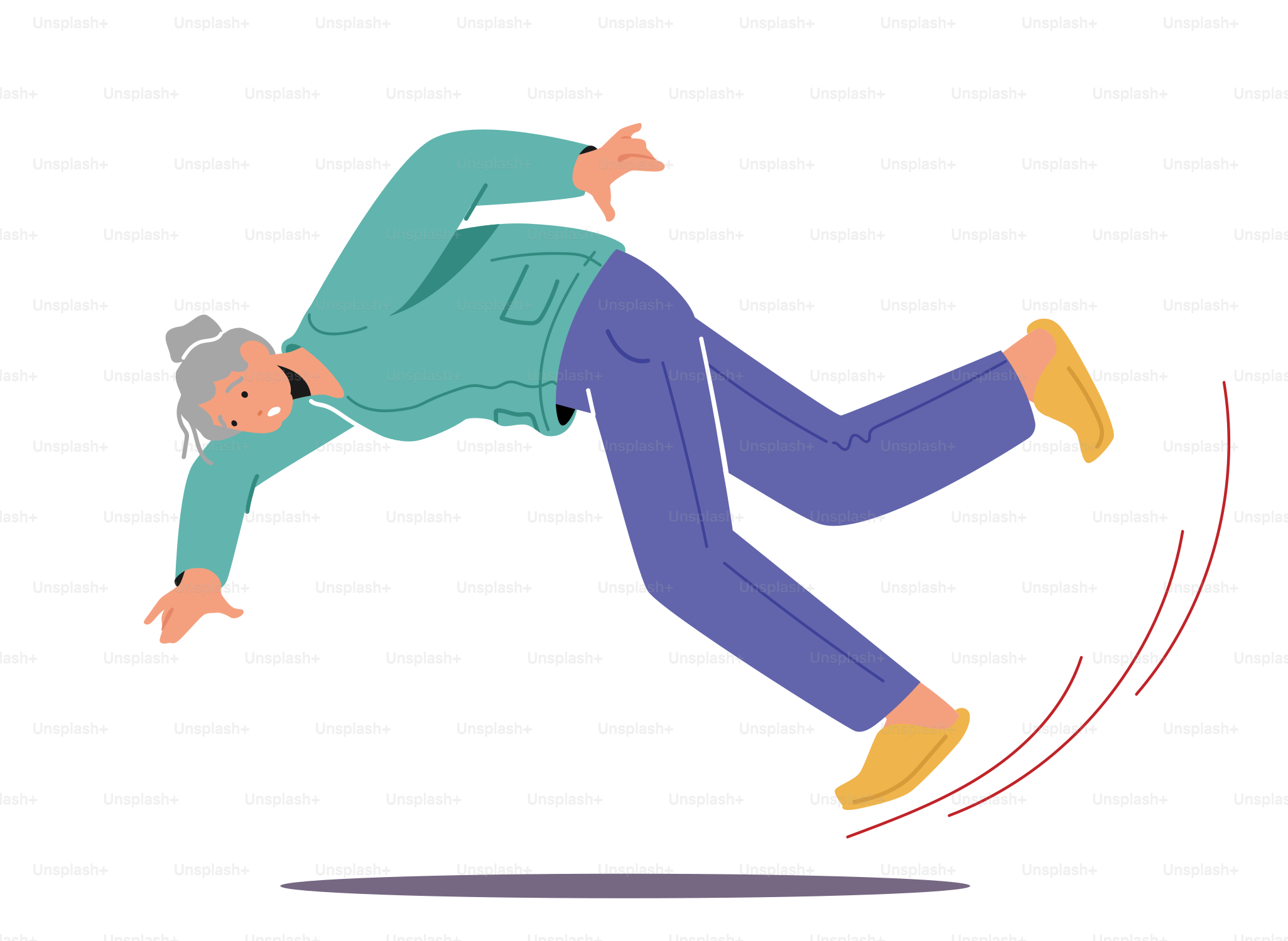 Senior Female Character Slip on Wet Floor or Puddle Falling Down on the ...