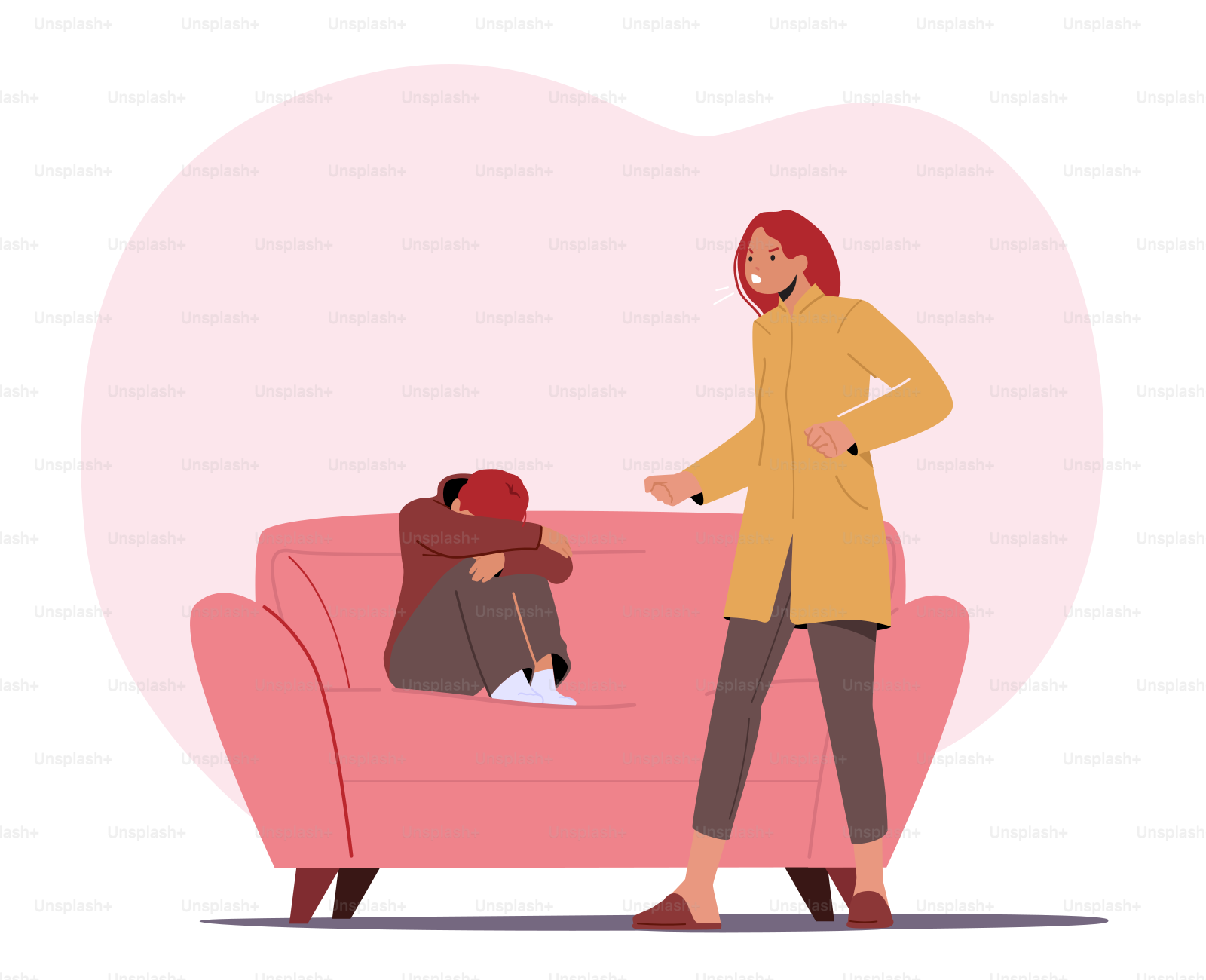 Aggressive Mother Yell on Little Boy Hiding Face Sitting on Sofa in ...