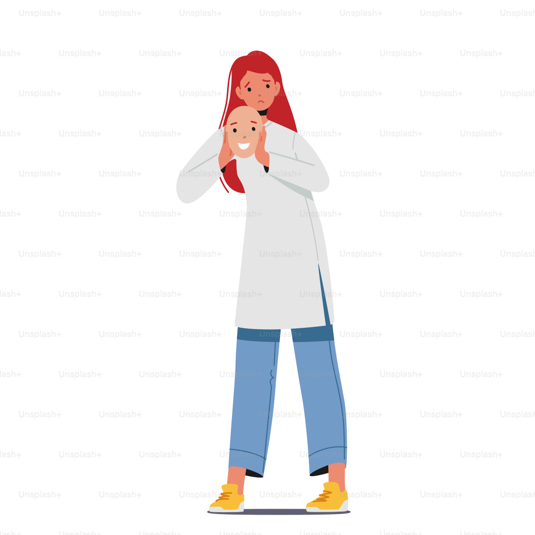 Sad Woman Covering Face With Smiling Mask Expressing Opposite Emotion ...