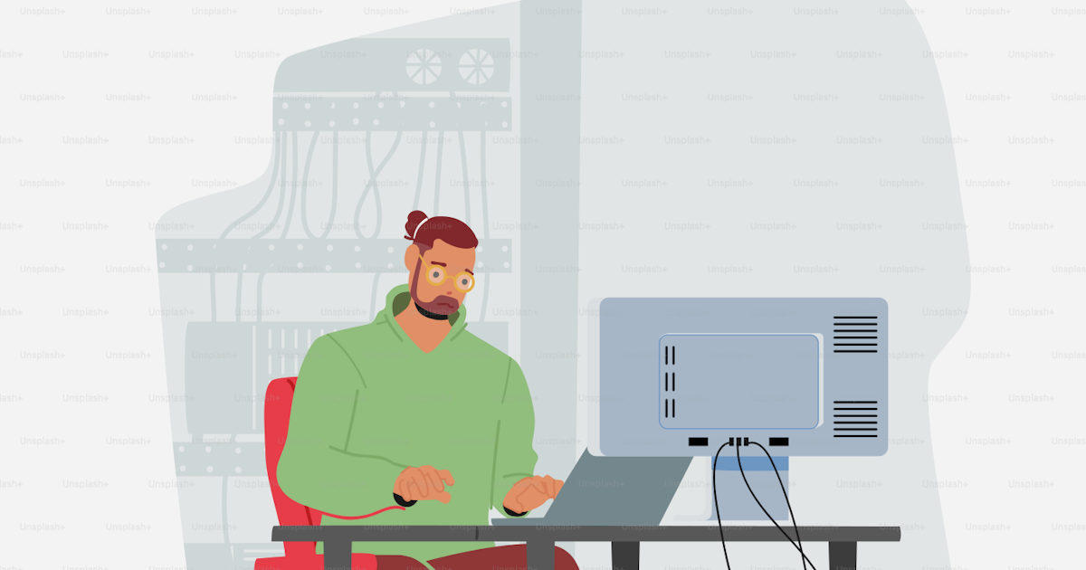 Male Character Working With Big Data And Tech Information On Laptop System Administrator