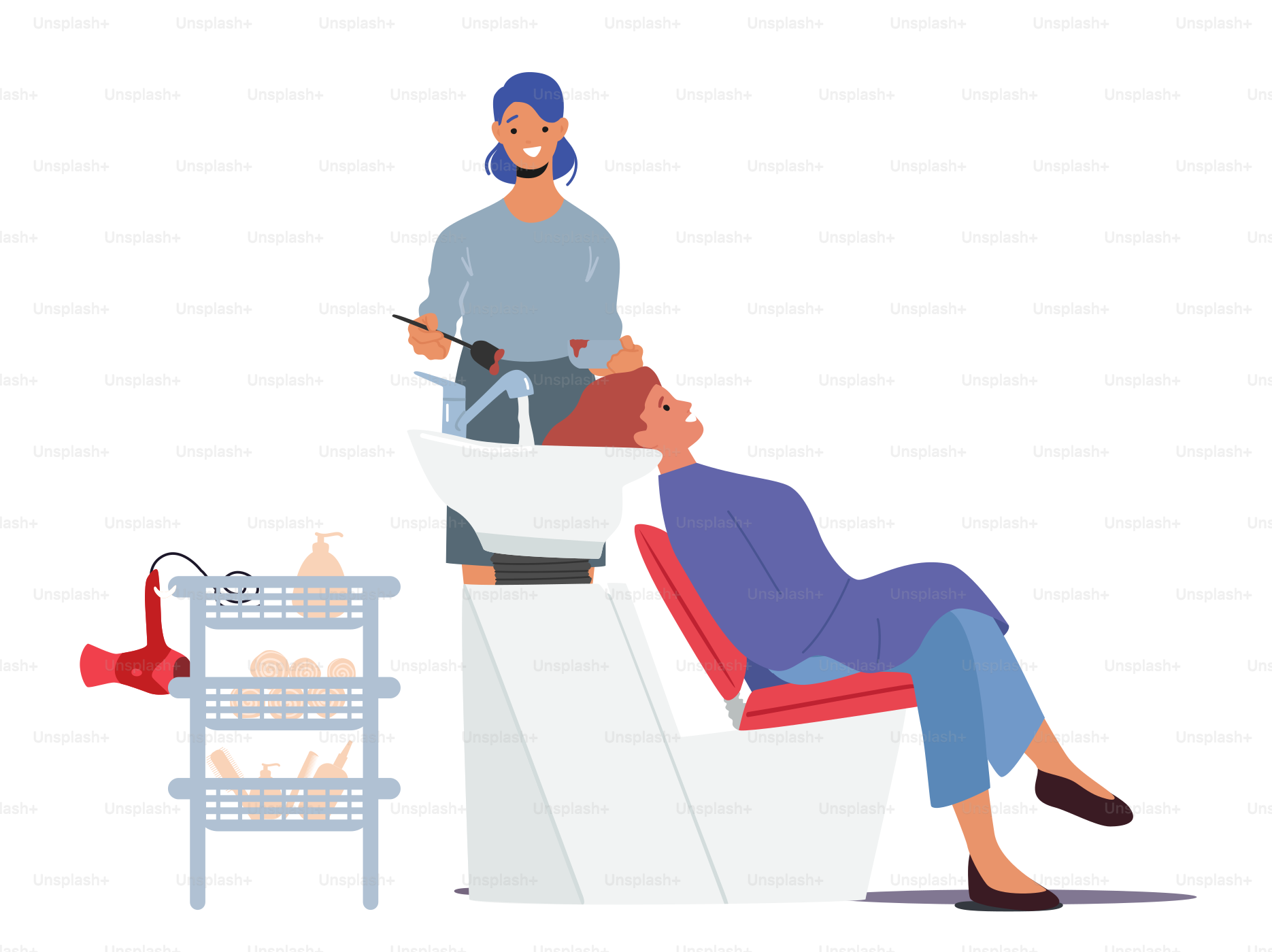 Concepto de peinado. Mujeres jóvenes sentadas en el fregadero, maestra ...