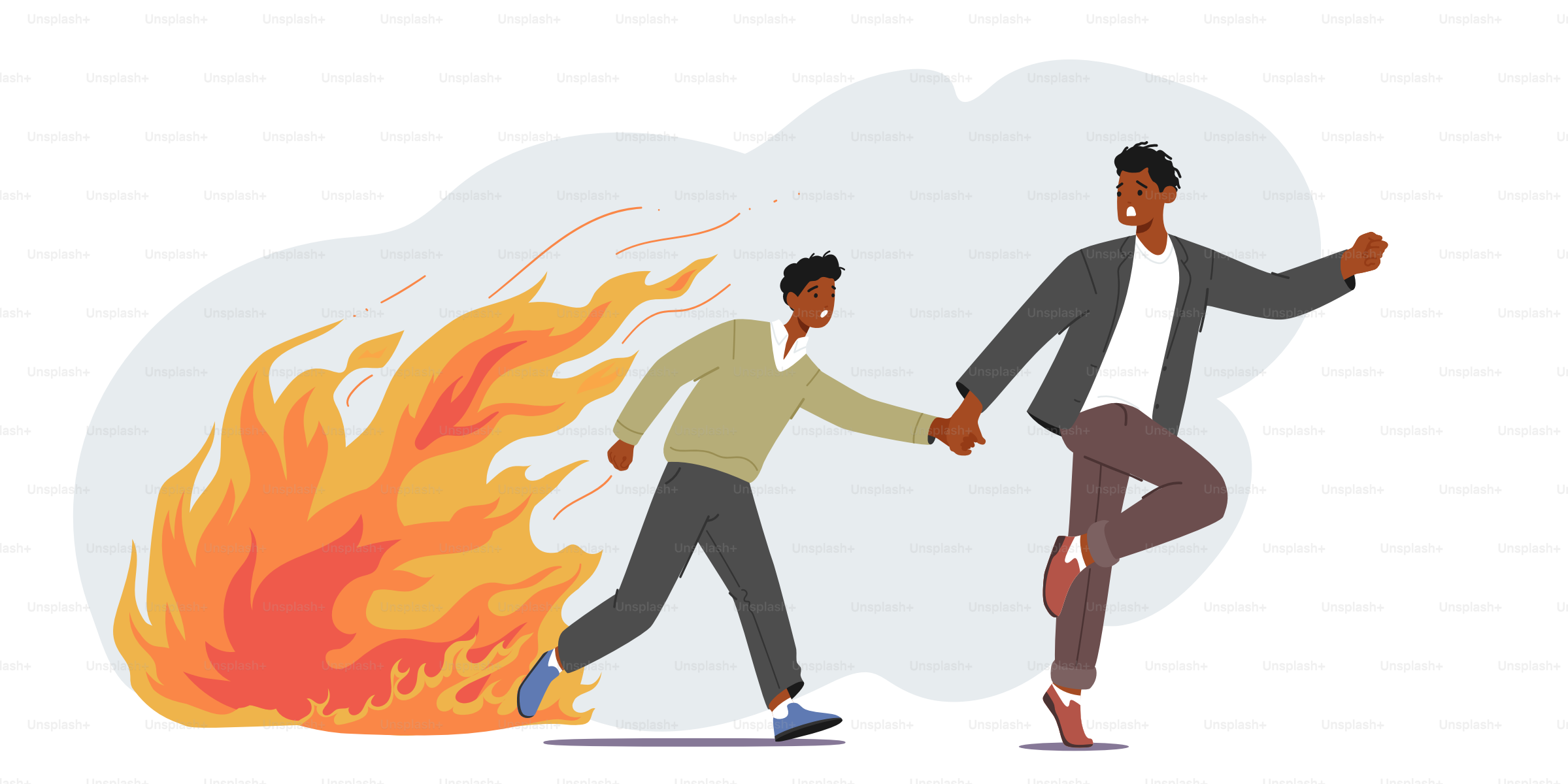 People Run Escaping from Ragging Fire, African Man and Boy in Dangerous ...