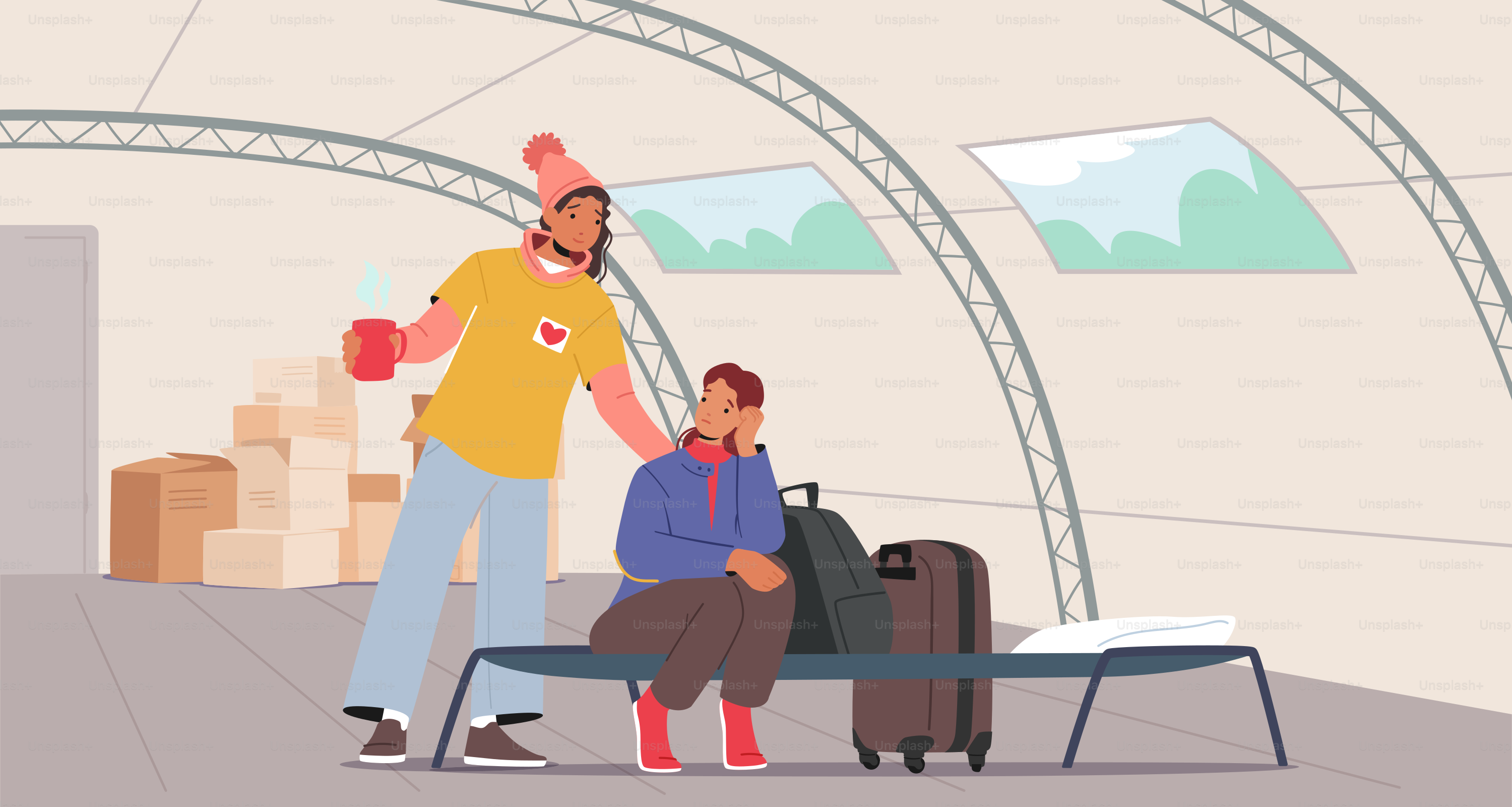 Volunteer Help Refugee Girl in Shelter, Female Character Survive during ...