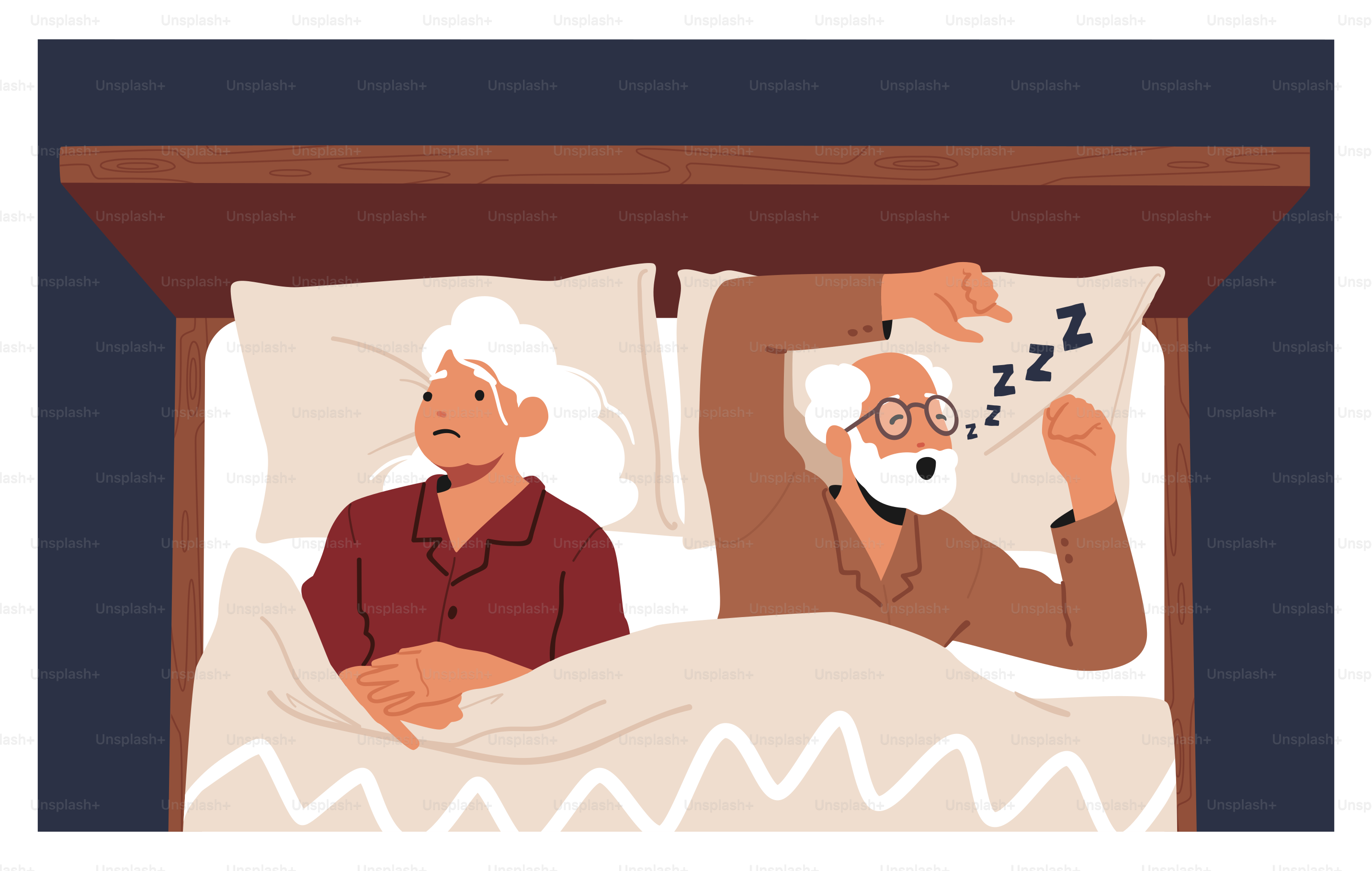 Senior Woman Suffering of Husband Snoring. Old Male Character Snore at ...