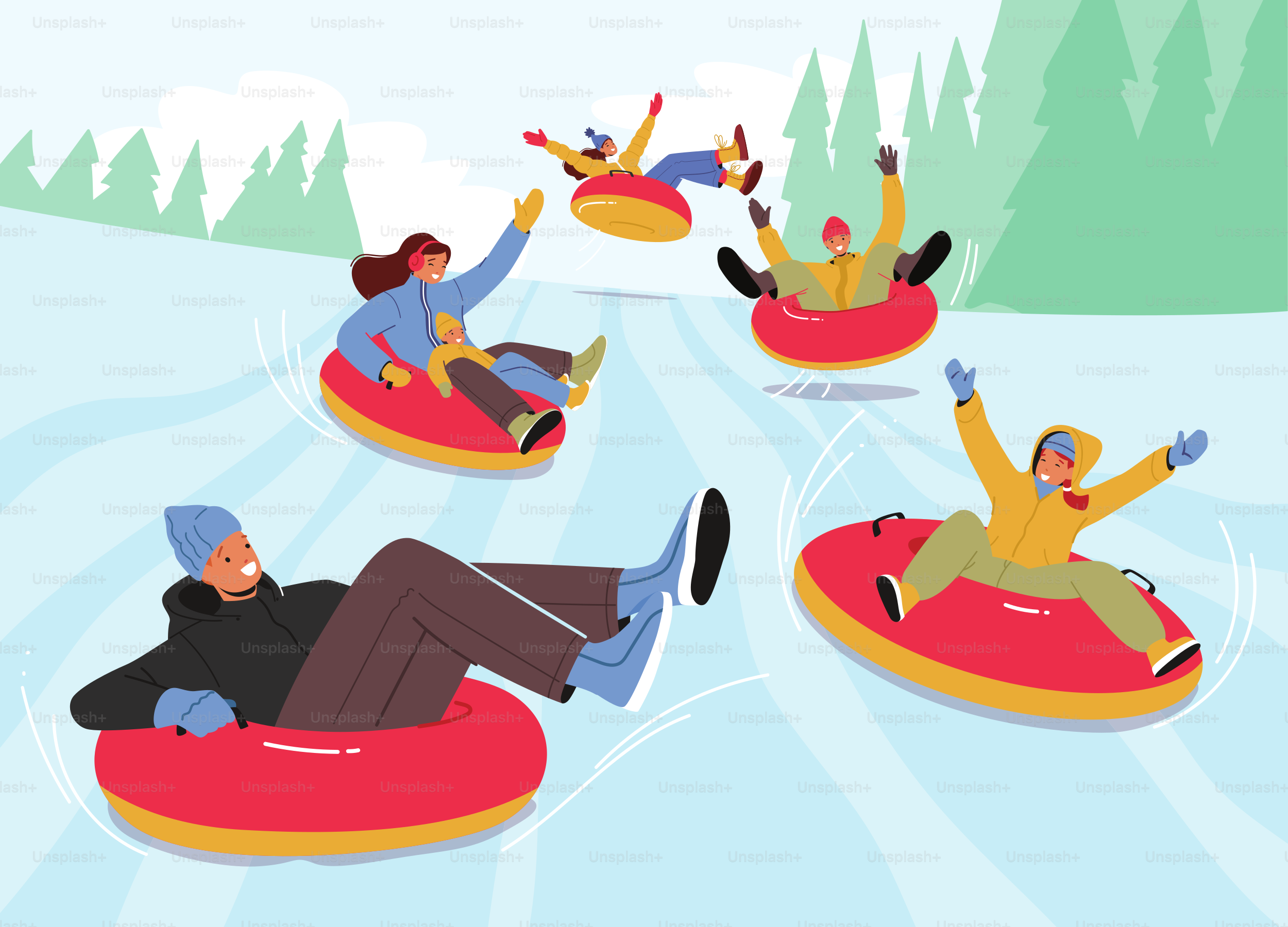 People Sliding Down Slope by Snow Tube at Winter Holiday. Men and Women ...