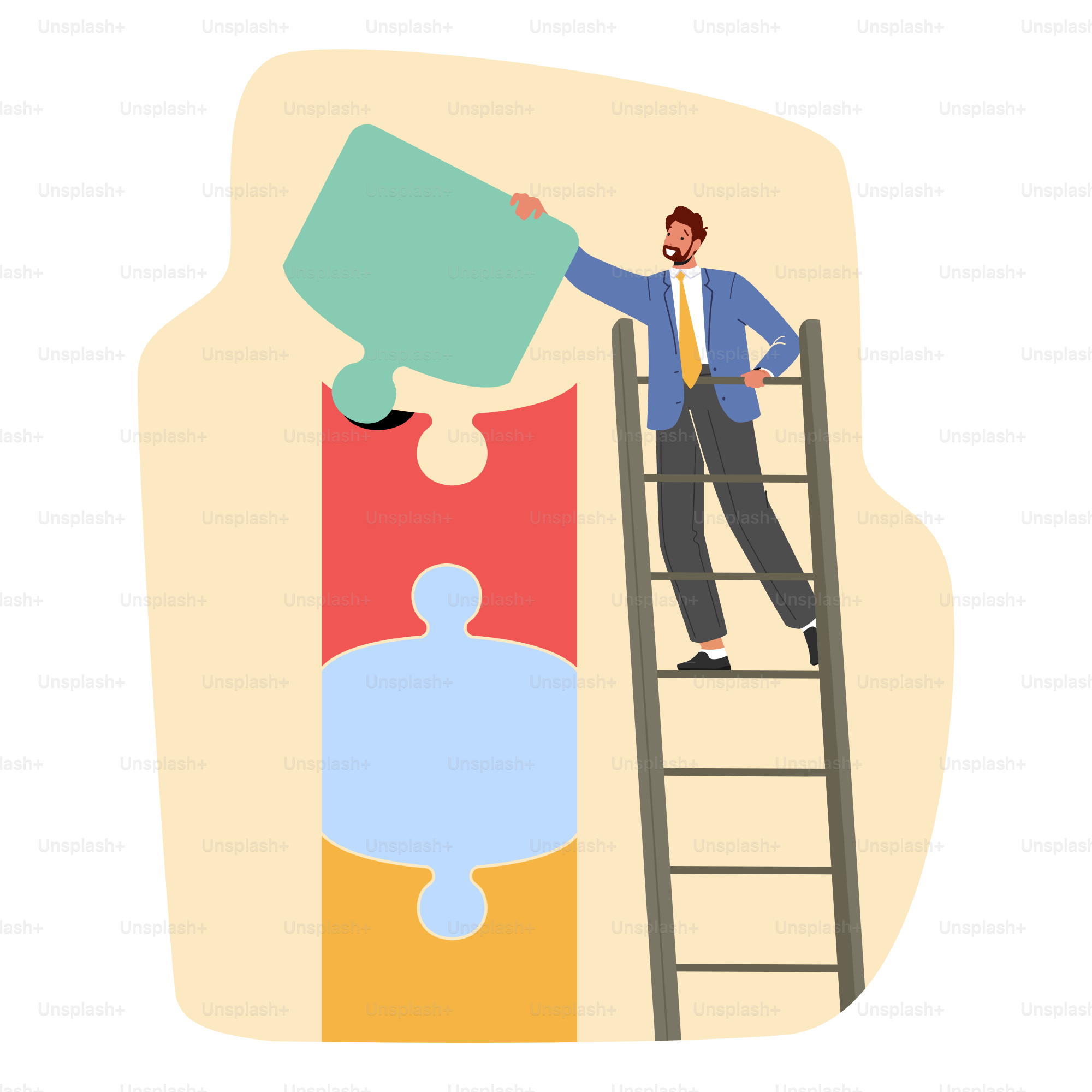 Businessman Character Stand on Ladder Connect Huge Puzzle Pieces. Man ...