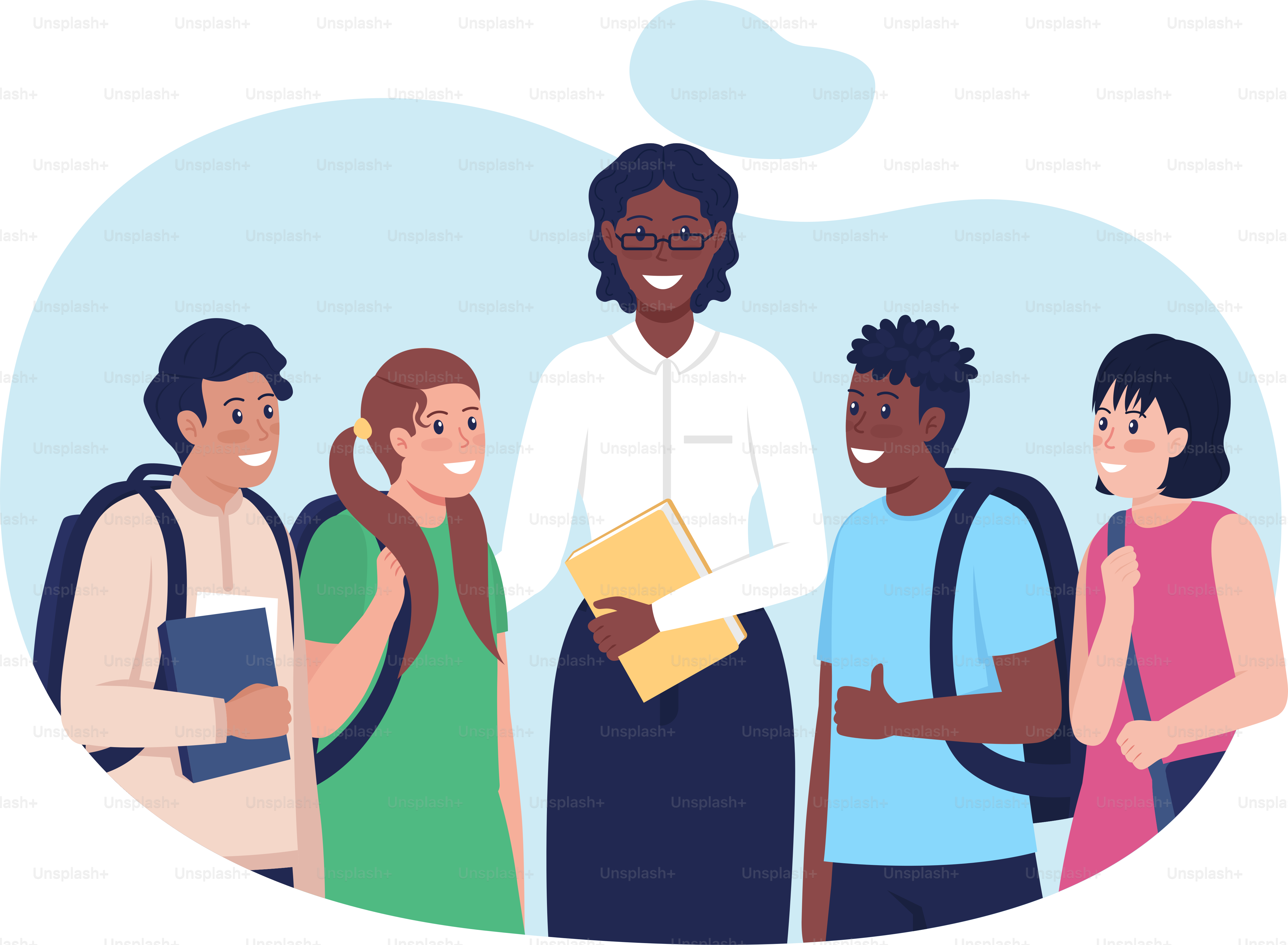 Teacher with students 2D vector isolated illustration. Happy ...