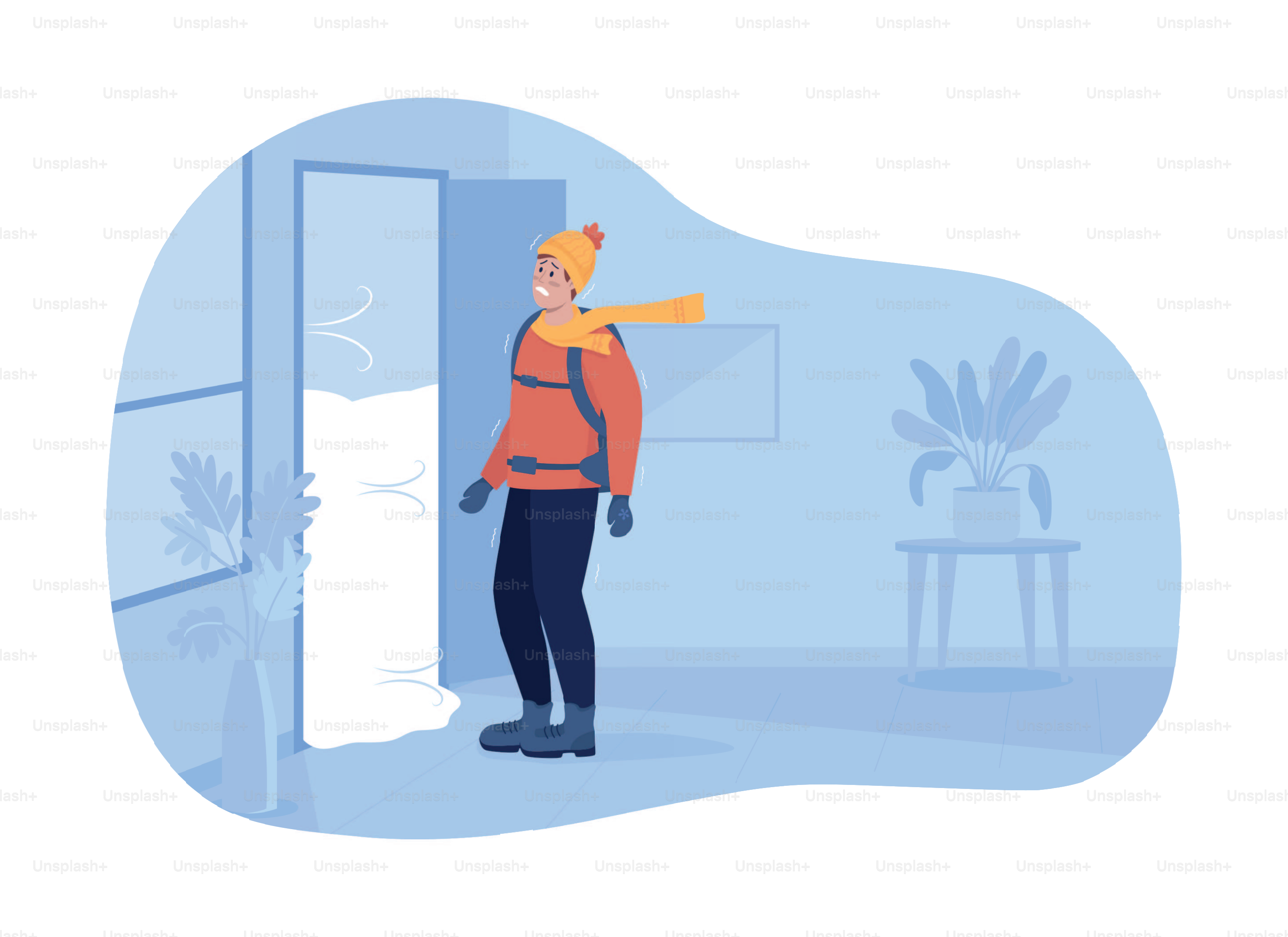 Strong wind and snowstorm 2D vector isolated illustration. Man ...