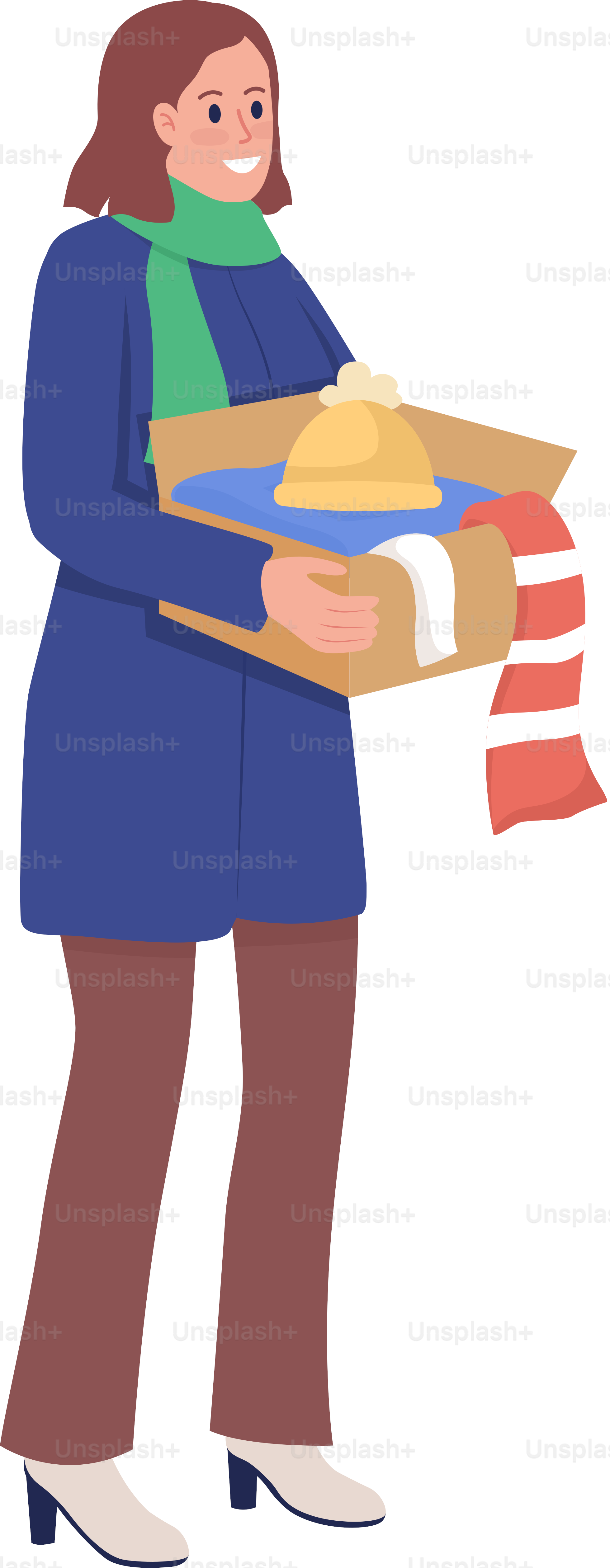 Mujer sonriente con caja de donación de ropa con un personaje vectorial ...