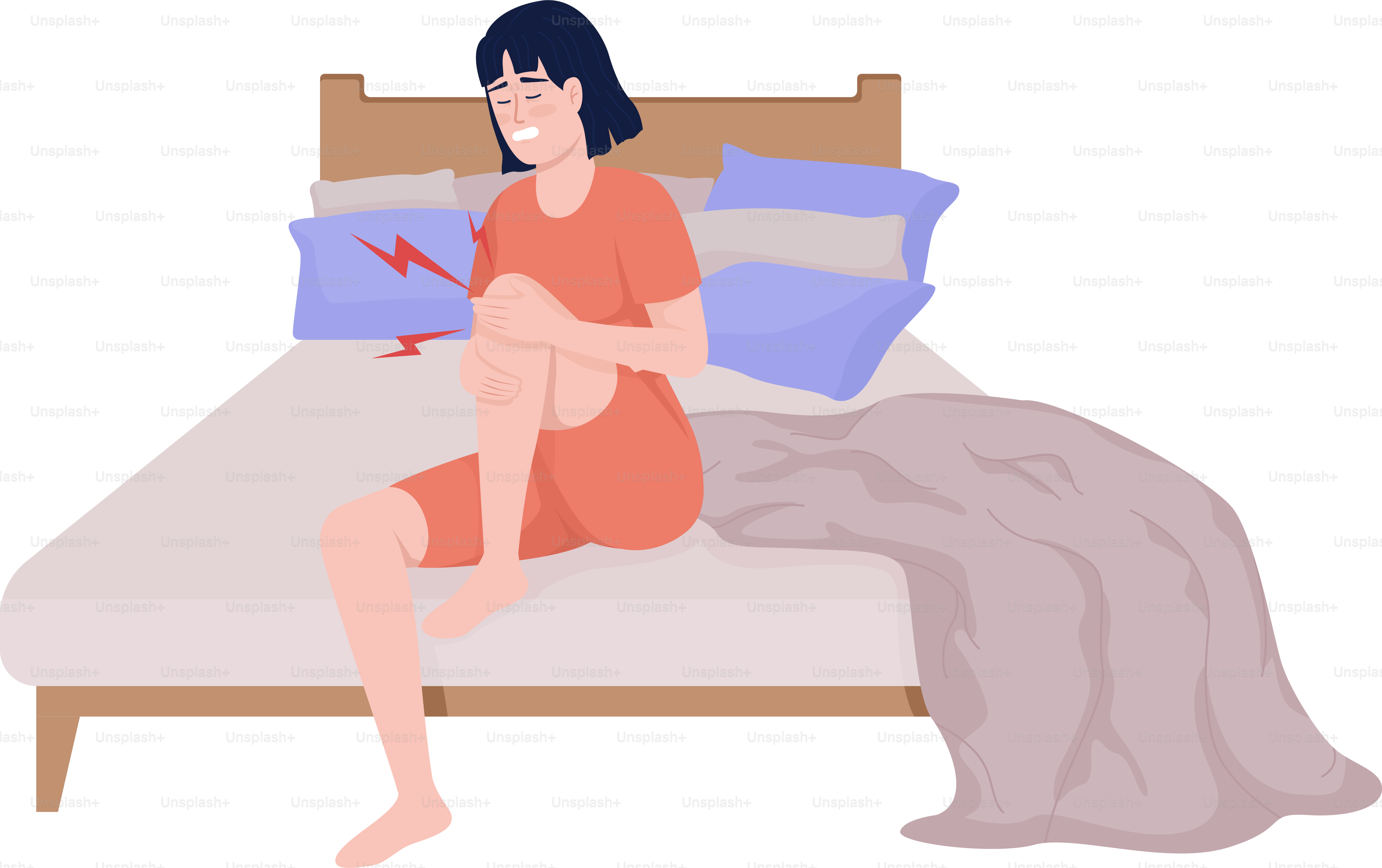 Young woman with sudden intense knee pain semi flat color vector ...