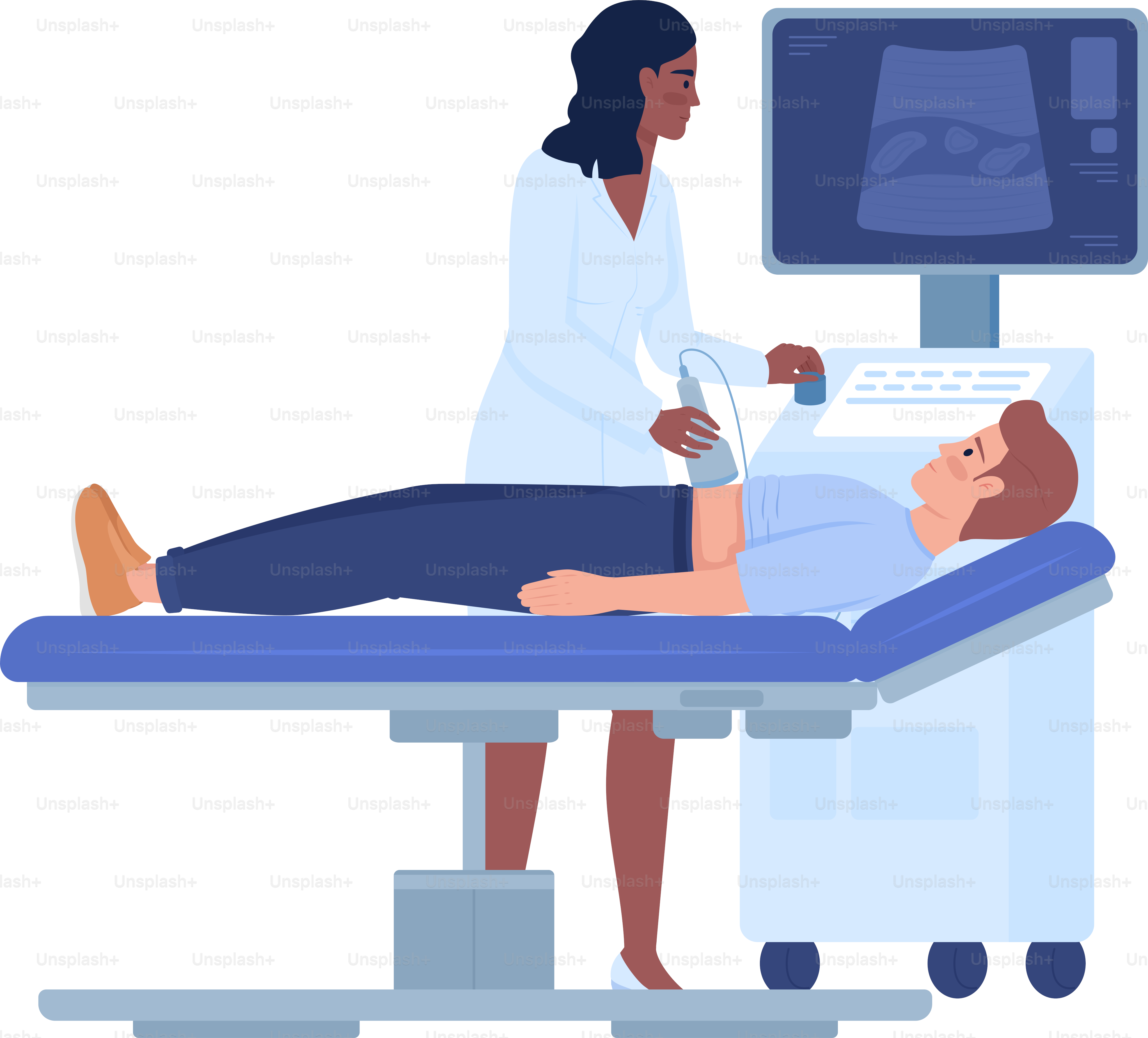 Doctor using ultrasound scanner semi flat color vector characters ...