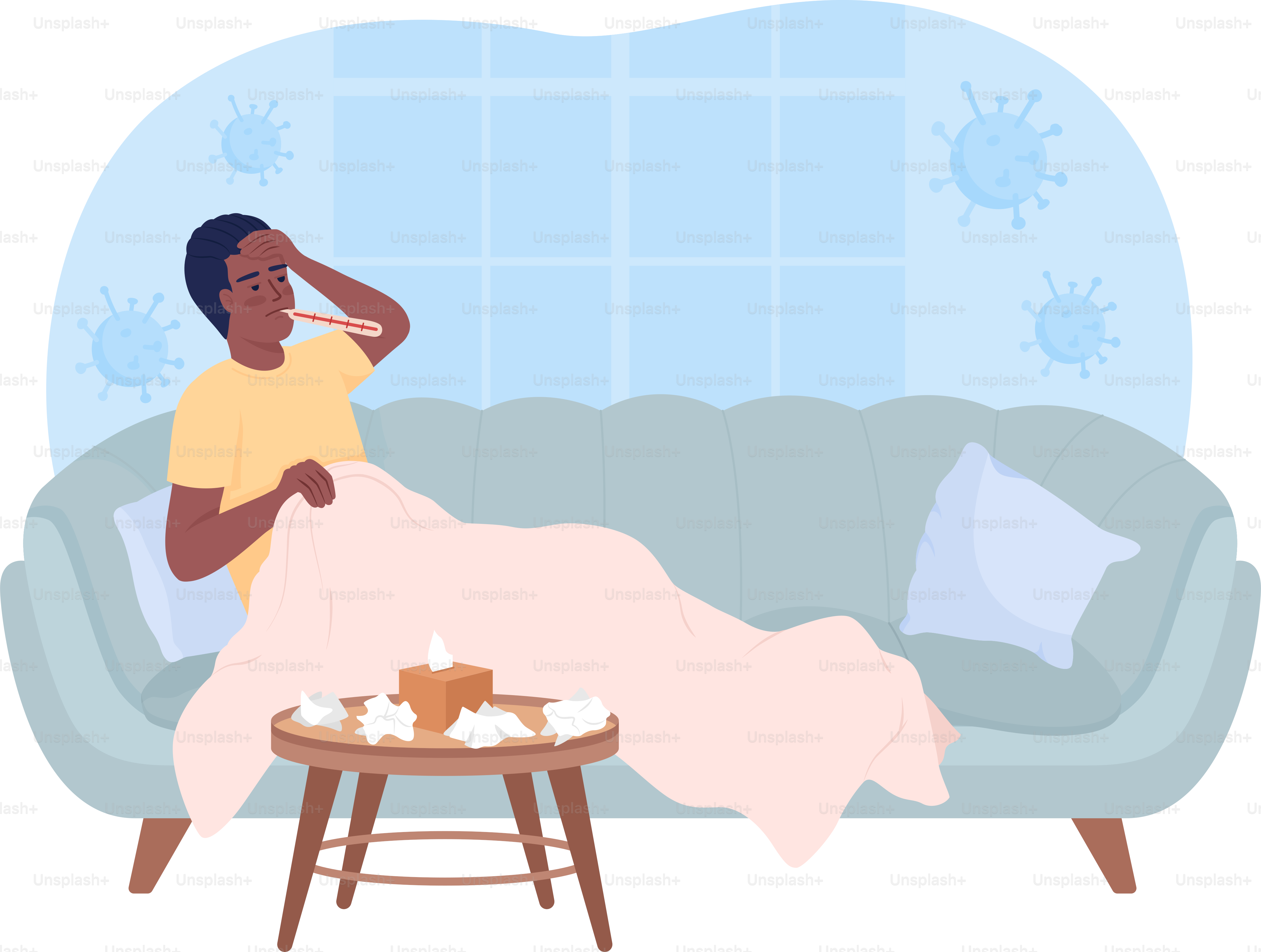 Man suffering from cold at home 2D vector isolated illustration. Virus ...