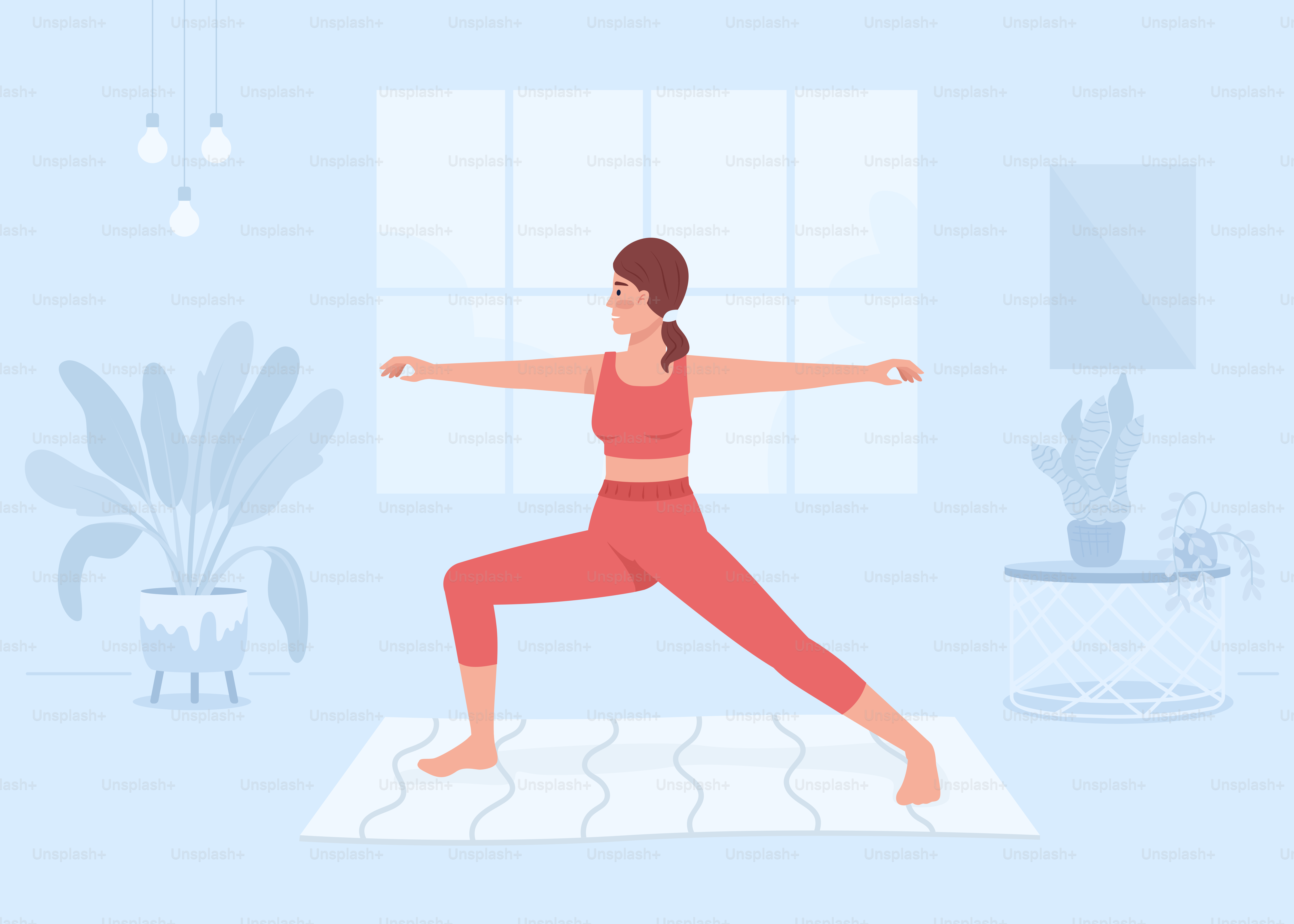 Woman practicing yoga at home flat color vector illustration. Sports ...