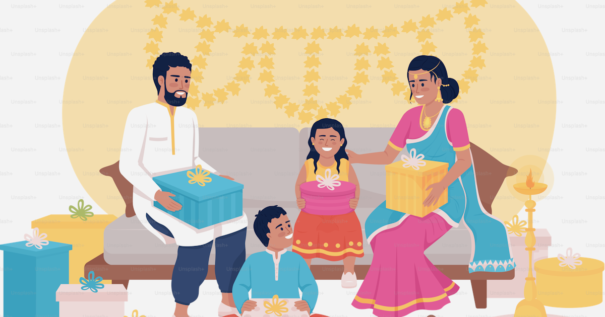Exchange gifts tradition on Diwali 2D vector isolated illustration ... Exchange gifts tradition on Diwali 2D vector isolated illustration ...
