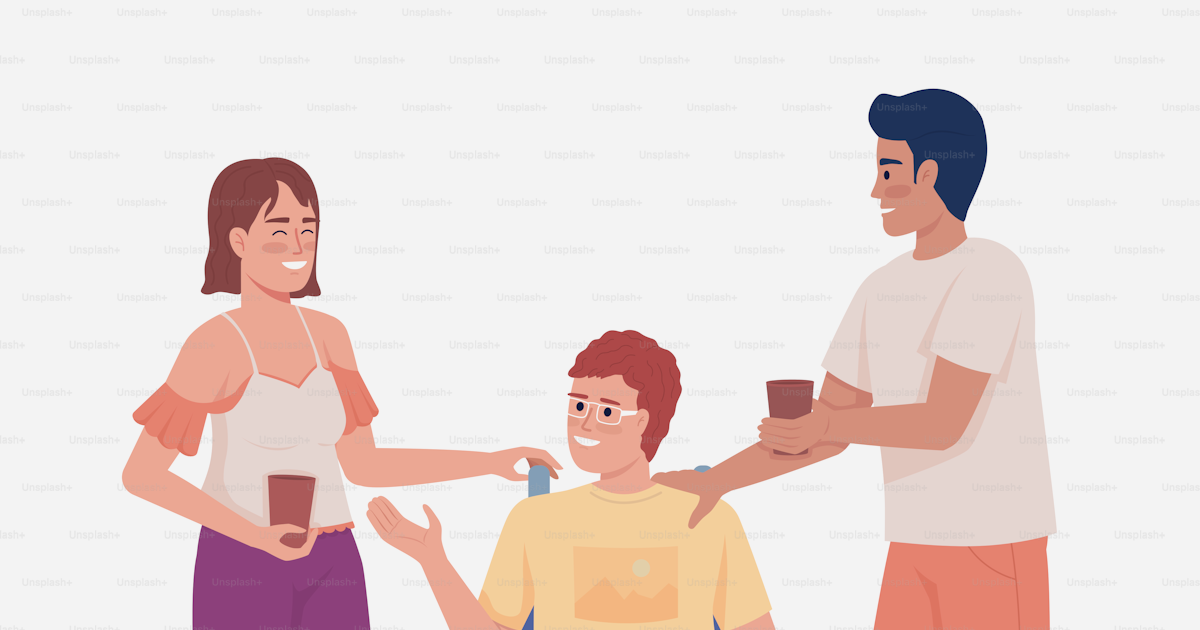 친근한 상호 작용 세미 플랫 컬러 벡터 문자 편집 가능한 그림 흰색에 전신 사람들 웹 그래픽 디자인 및 애니메이션을 위한 사회적 포용 간단한 만화 스타일 일러스트레이션