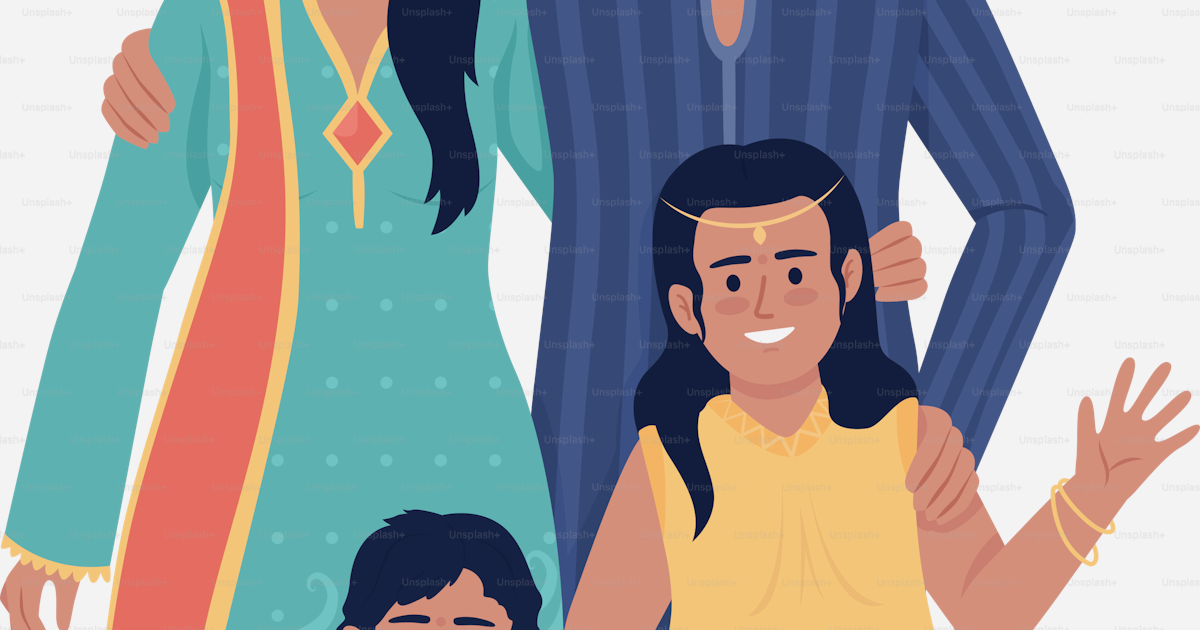 인도 민족 의상을 입은 가족은 세미 플랫 컬러 벡터 캐릭터를 입고 있습니다 편집 가능한 그림 흰색에 전신 사람들 웹 그래픽 디자인 및 애니메이션을 위한 간단한 만화