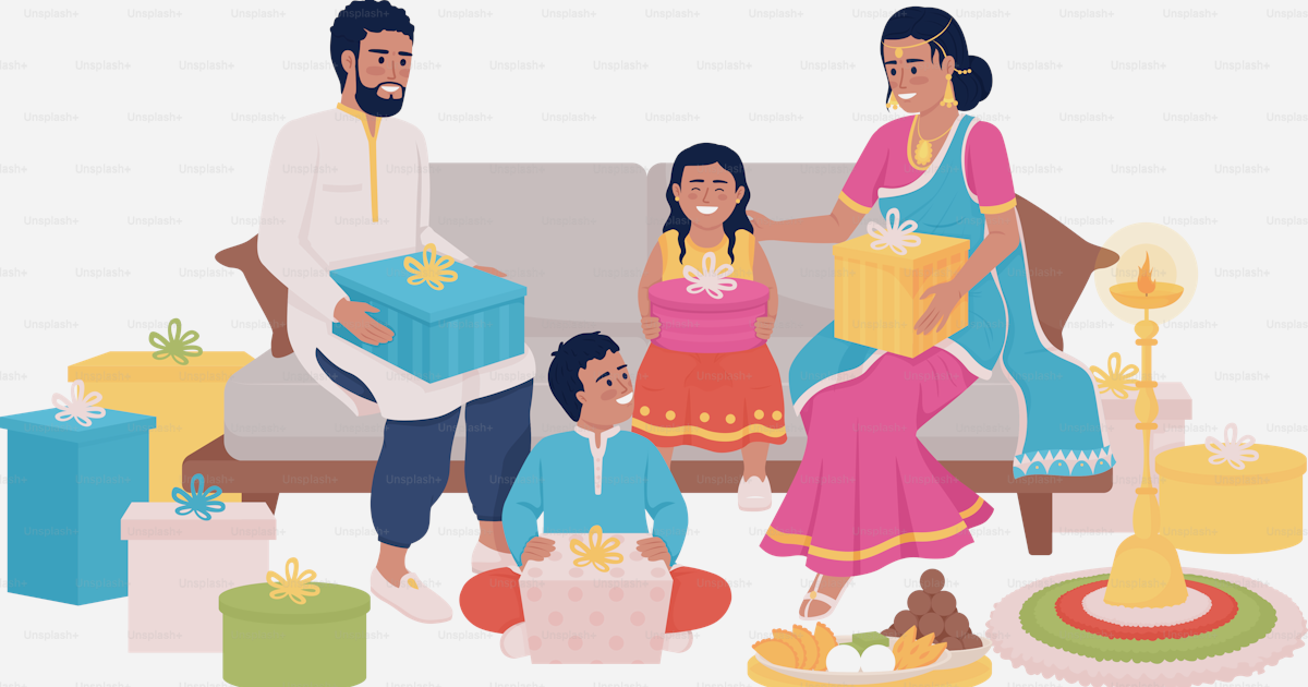 디왈리 세미 플랫 컬러 벡터 문자로 선물을 교환하는 가족 편집 가능한 그림 흰색에 전신 사람들 웹 그래픽 디자인 및 애니메이션을 위한 간단한 만화 스타일의