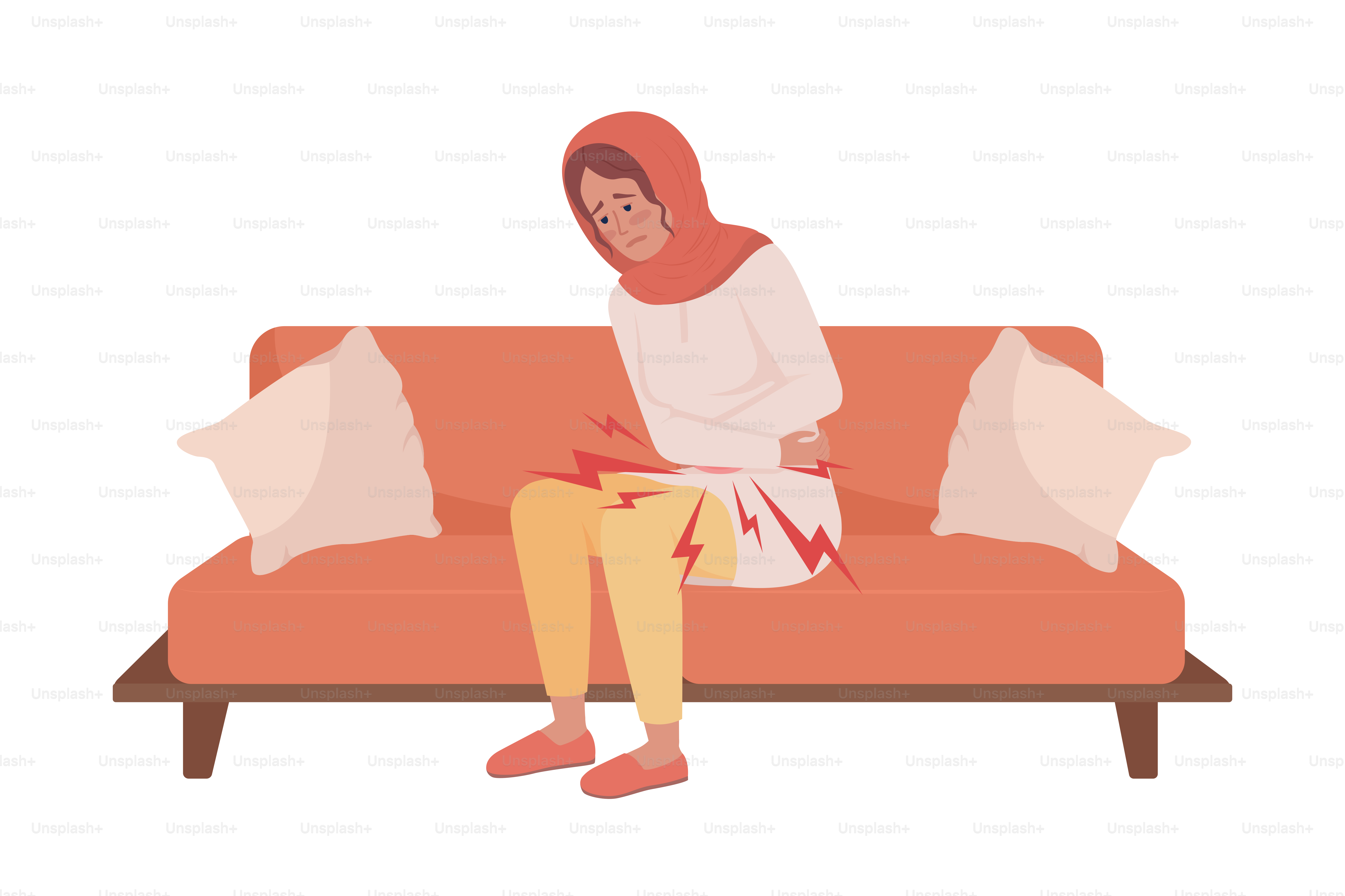 Mujer con dolor de estómago semi plano color vector carácter. Dolor abdominal. Figura editable ...